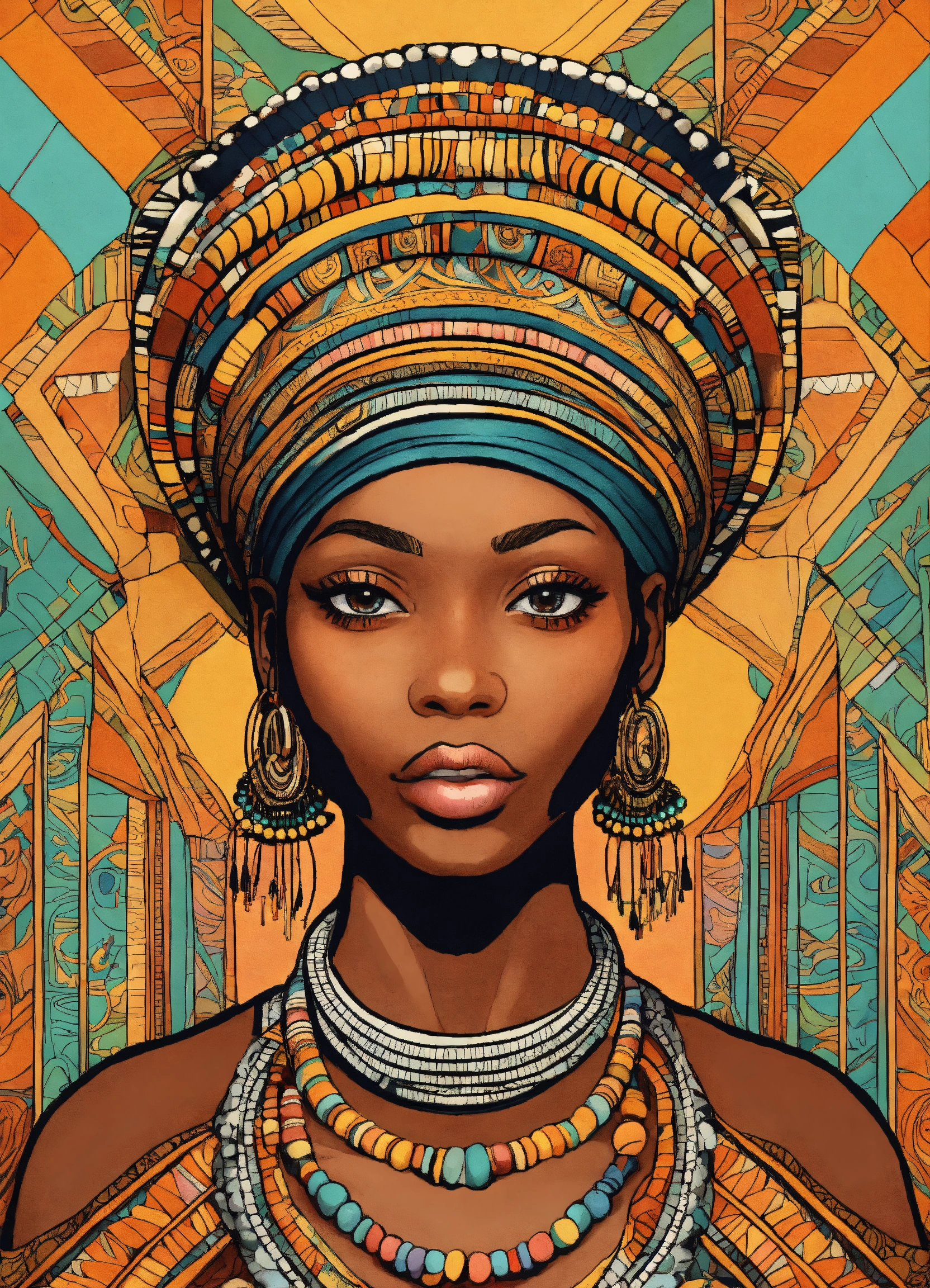 Lexica - African tribal art drawing a cute young woman. Line drawing ...