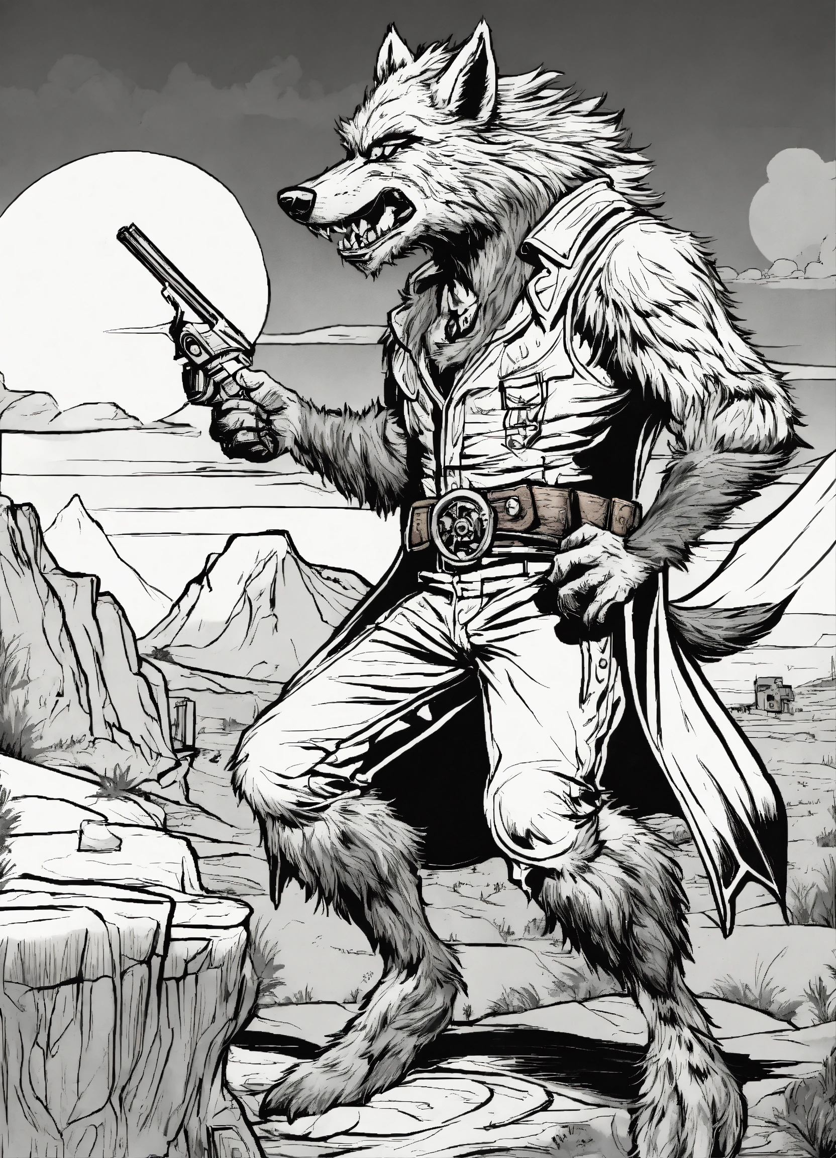 Lexica - Werewolf wild west, cartoon line art
