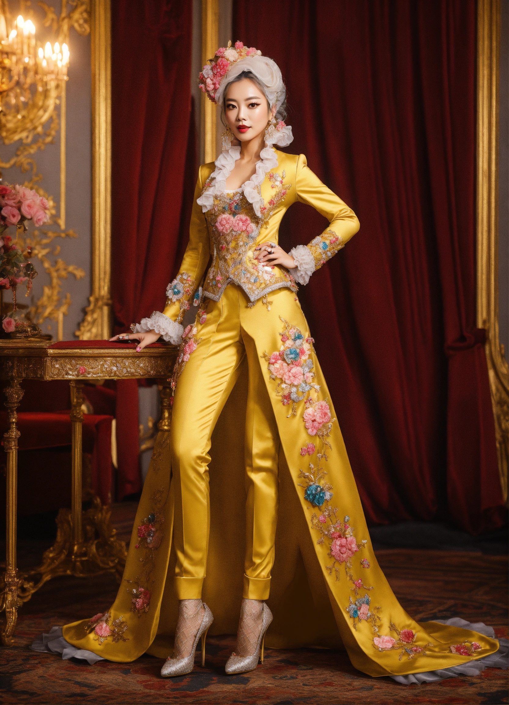 Lexica - JiU sparkly Fashionable Rococo outfit with pants and high heels