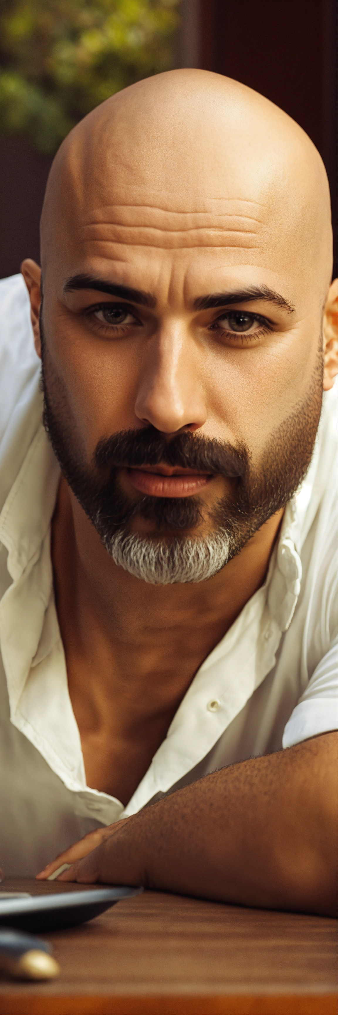 Lexica - Turkish bald guy white shirt sitting on table shaved