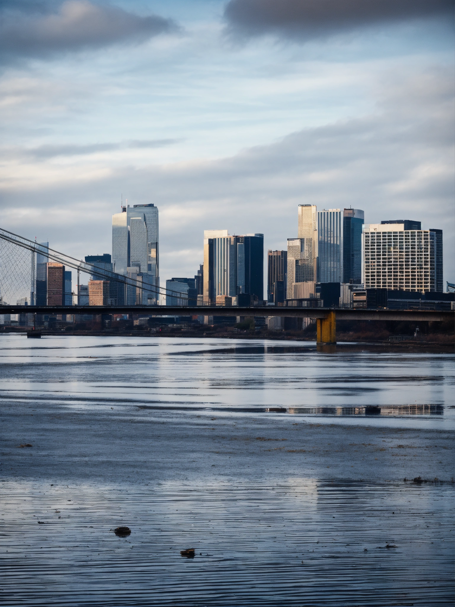 Lexica - Cityscape from a riverbank, gritty urban
