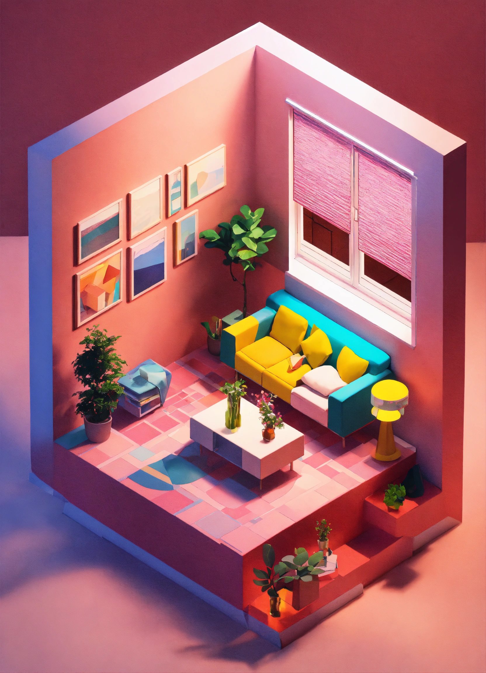 Lexica - Cube cutout of an isometric living room, 3d art, pastel colors ...