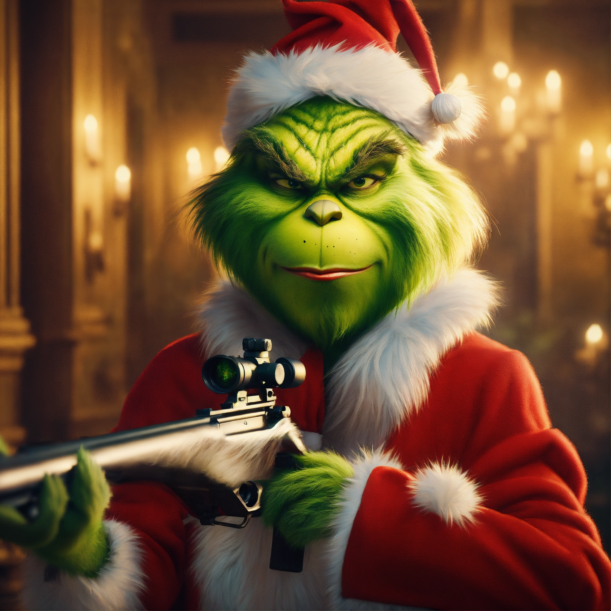 Lexica - A classical painting of The Grinch holding sniper rifle ...