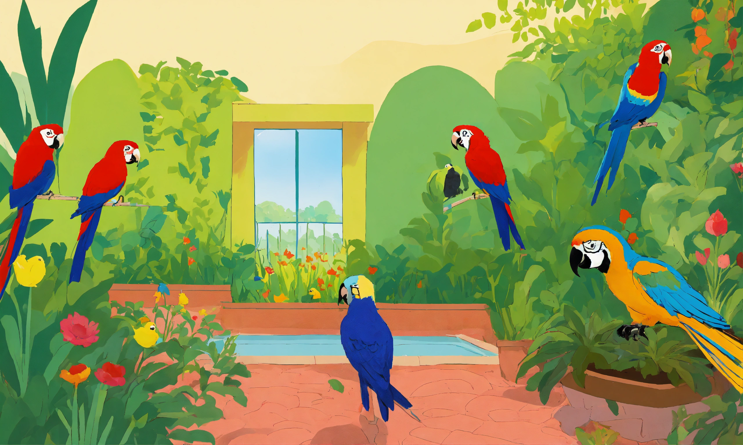 Lexica - Garden with parrots and a gardener, style of Donald Bluth ...