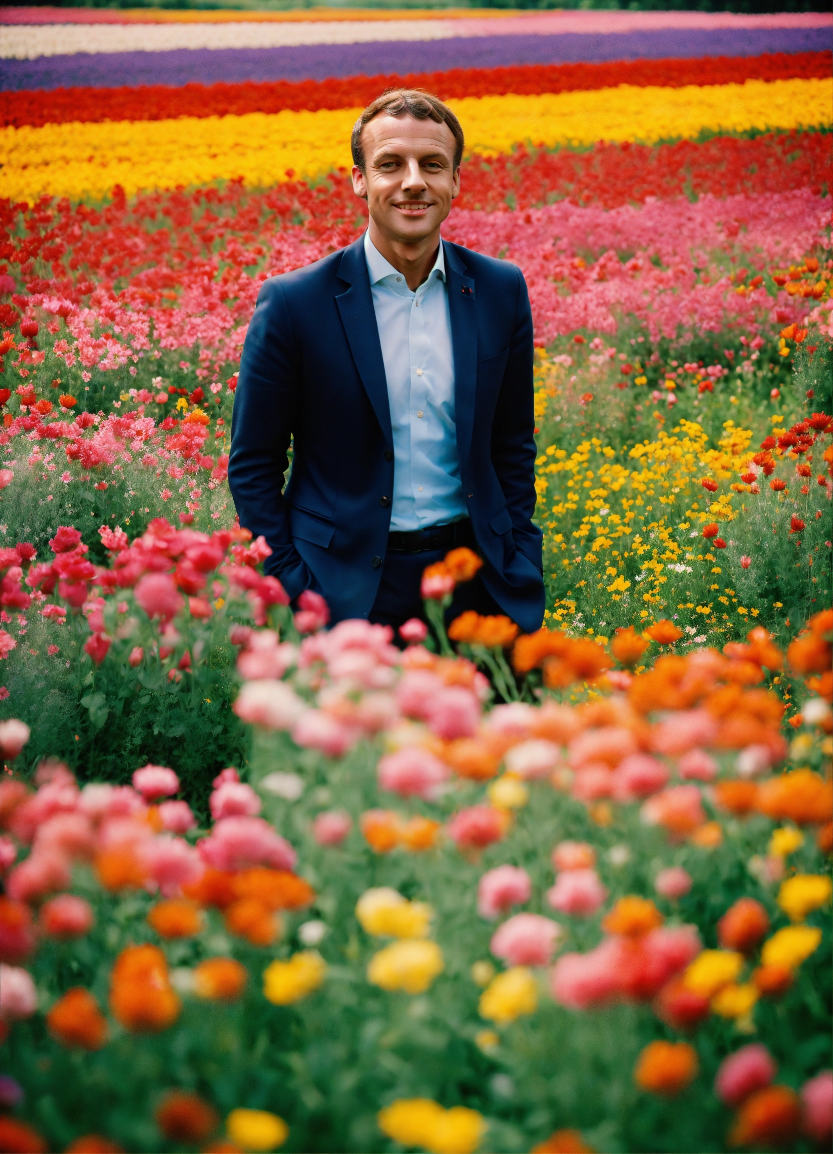 Lexica - Happy emmanuel macron standing in a beautiful field of flowers ...