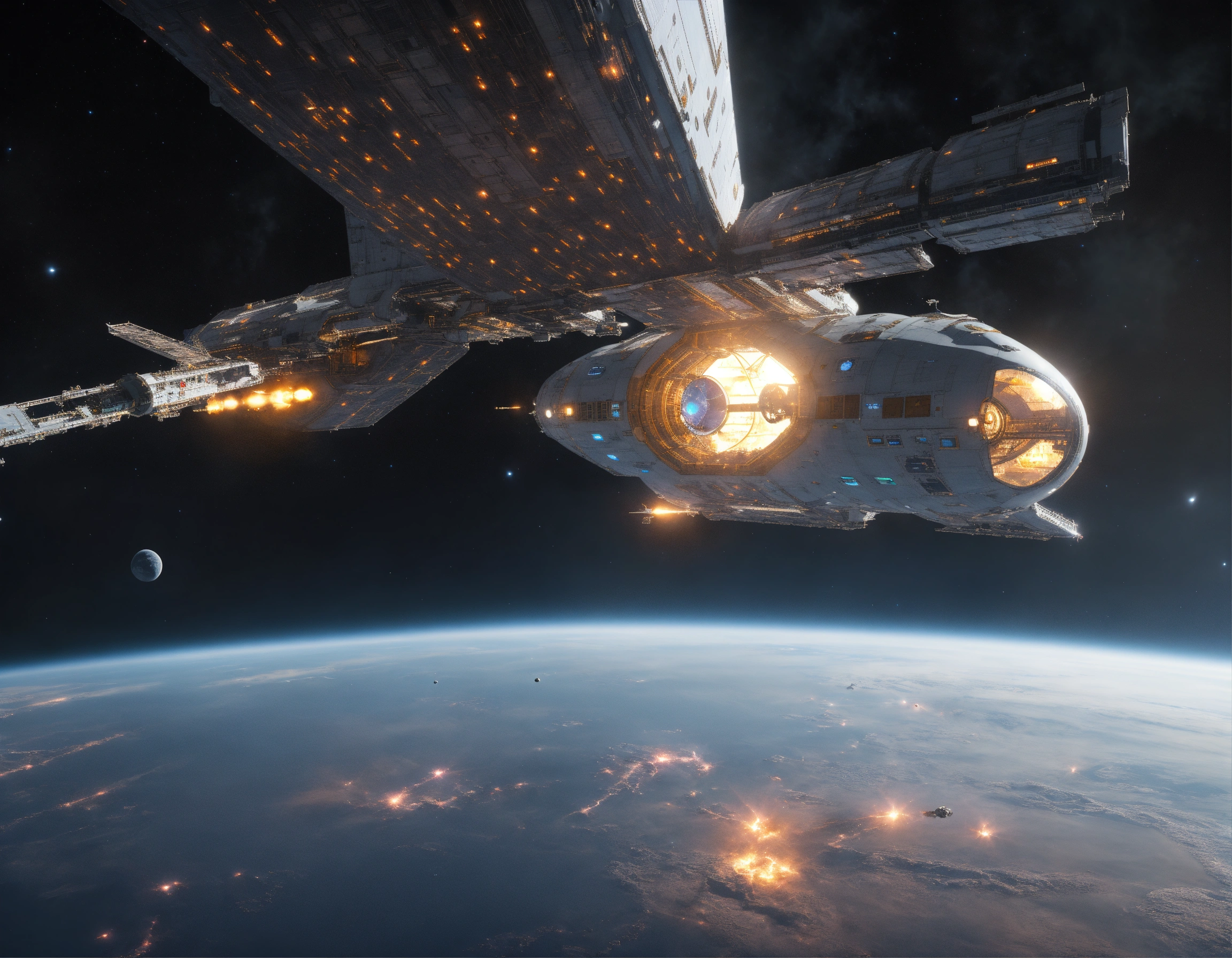 Lexica - Futuristic space craft flying through space toward a docking ...