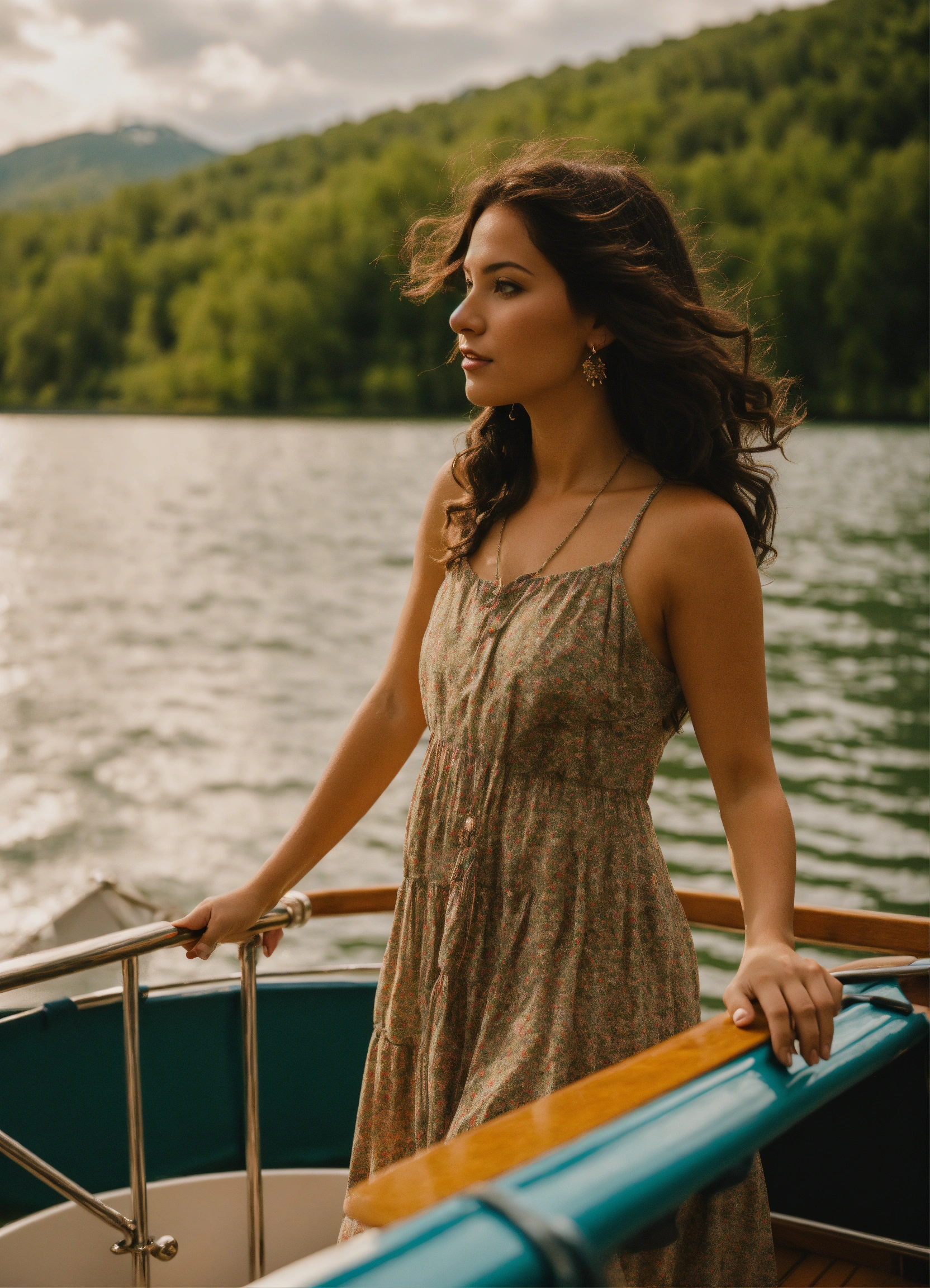 Lexica - A woman in a sundress on a boat that is on a lake o