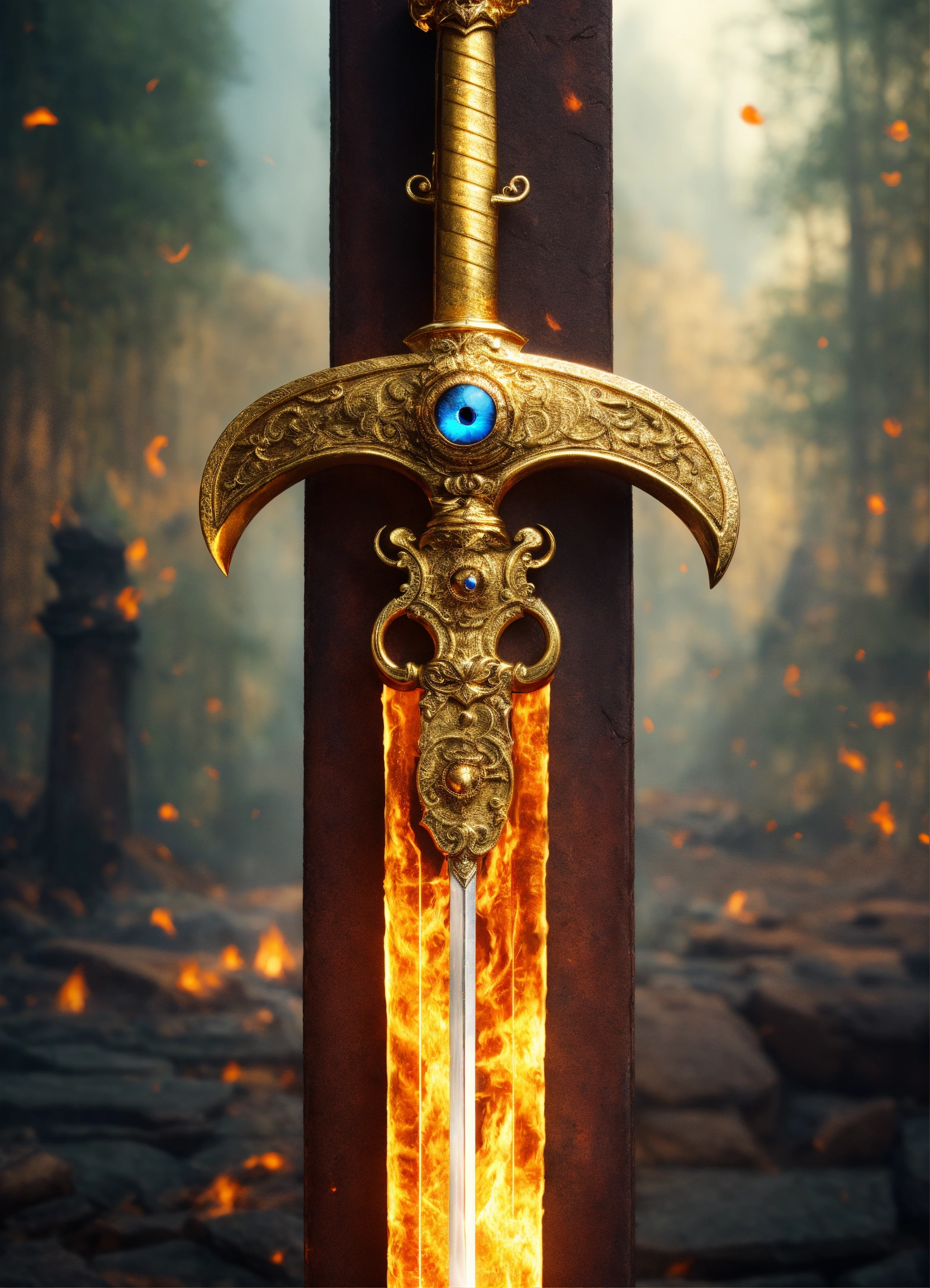 Lexica - Sword made of fire, gold and stone, with an eye on the handle.
