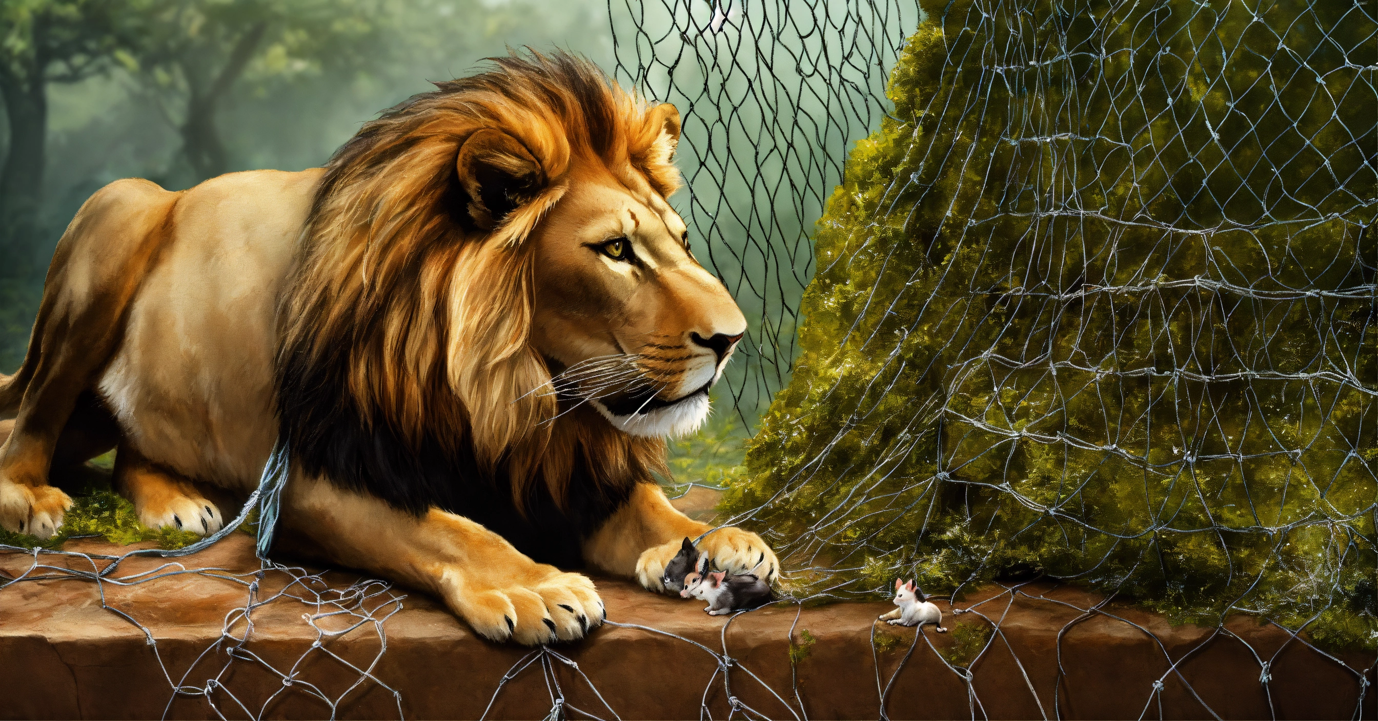 Lexica - Hyperrealistic image of a lion and a mouse together. The mouse ...