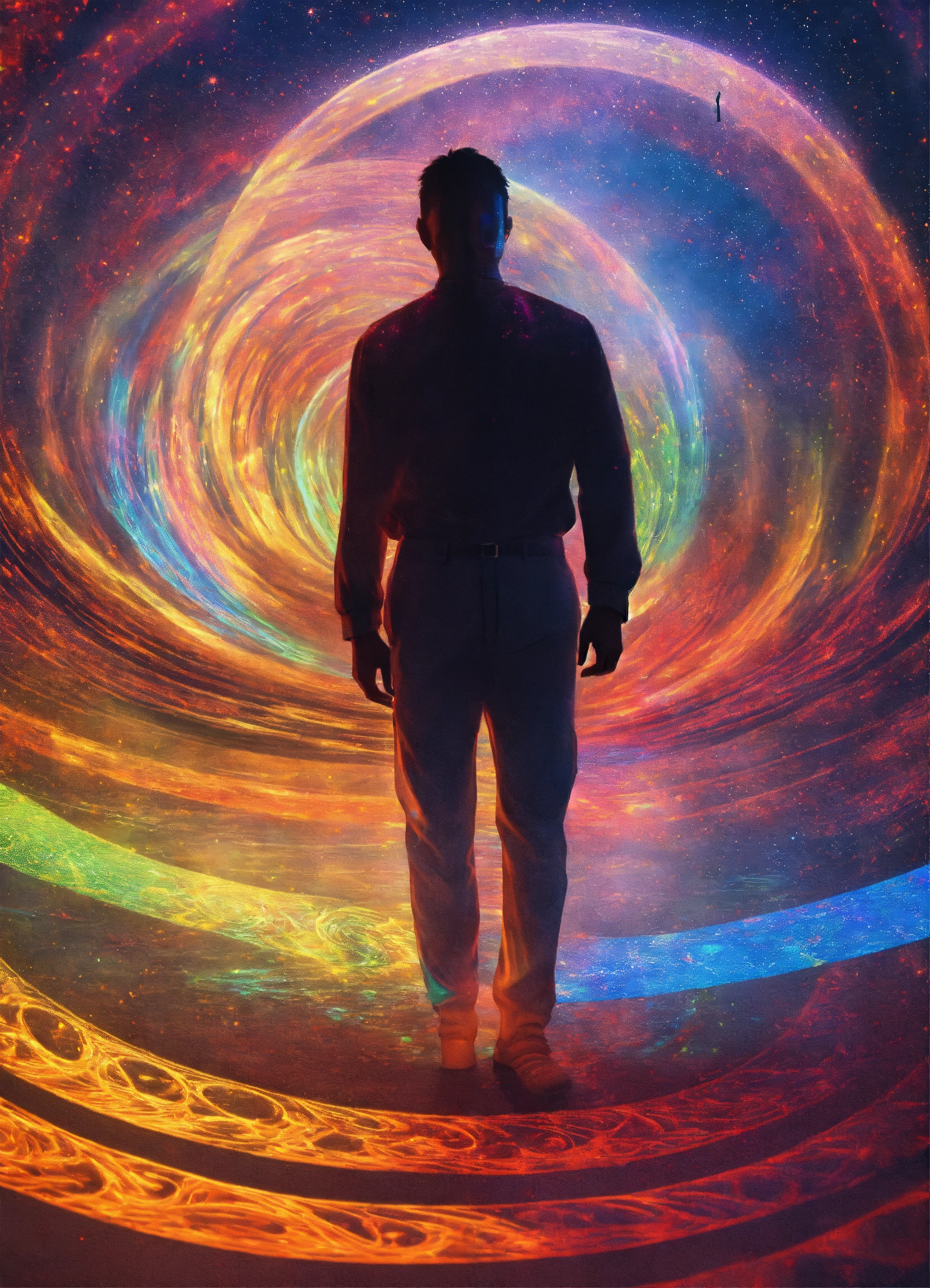 Lexica - Multicolor holographic human shadow in the middle of spiral cosmos