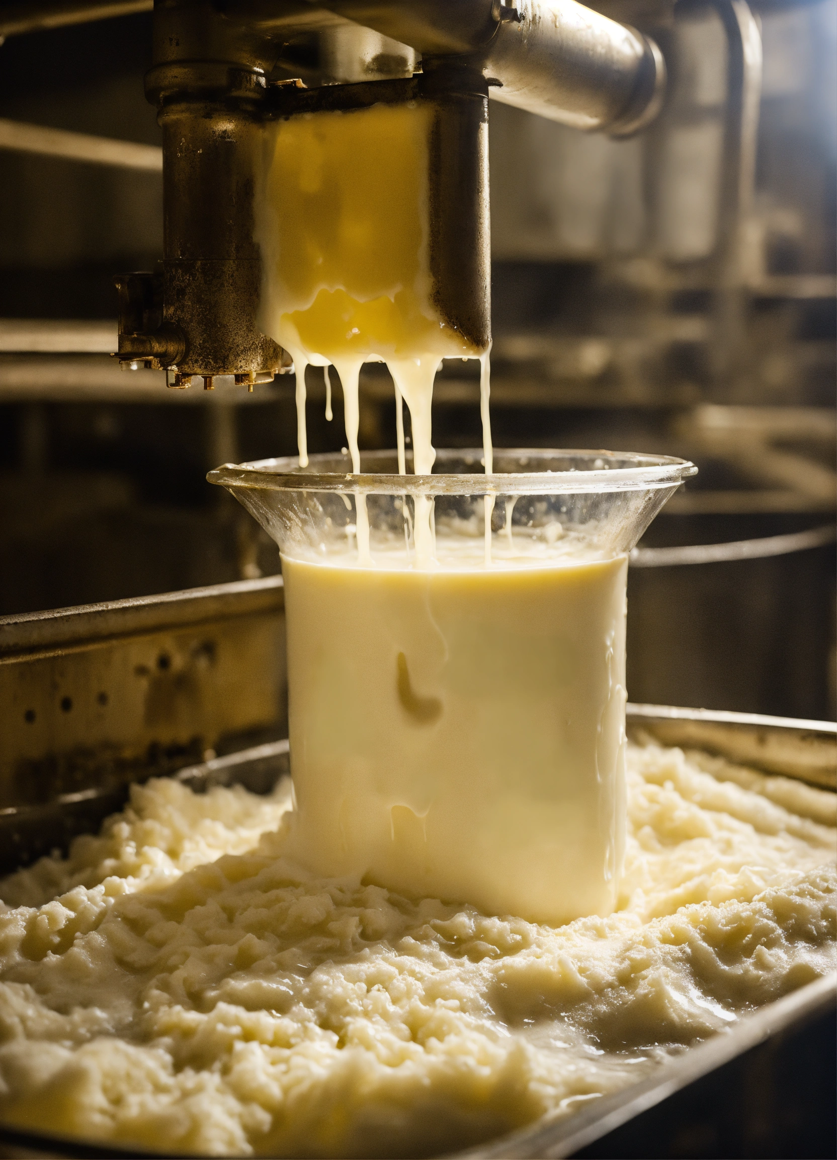 Lexica - Curdled milk in a straining cloth in an industrial setting