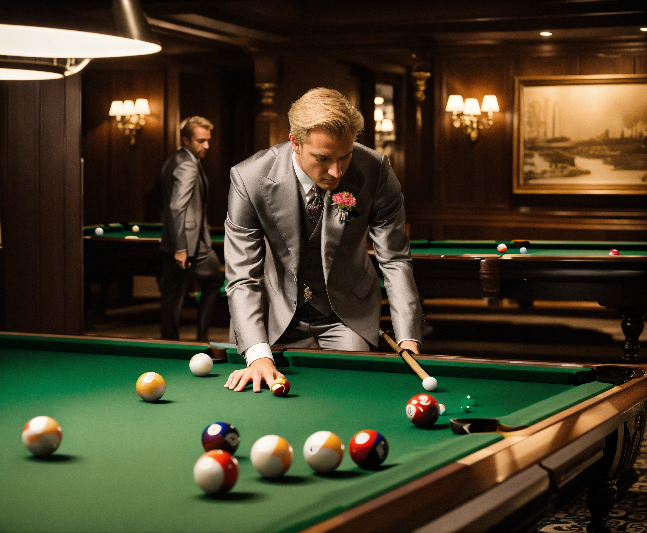 Lexica - From behind, two blonde gentlemen, silk satin grey vested suit ...