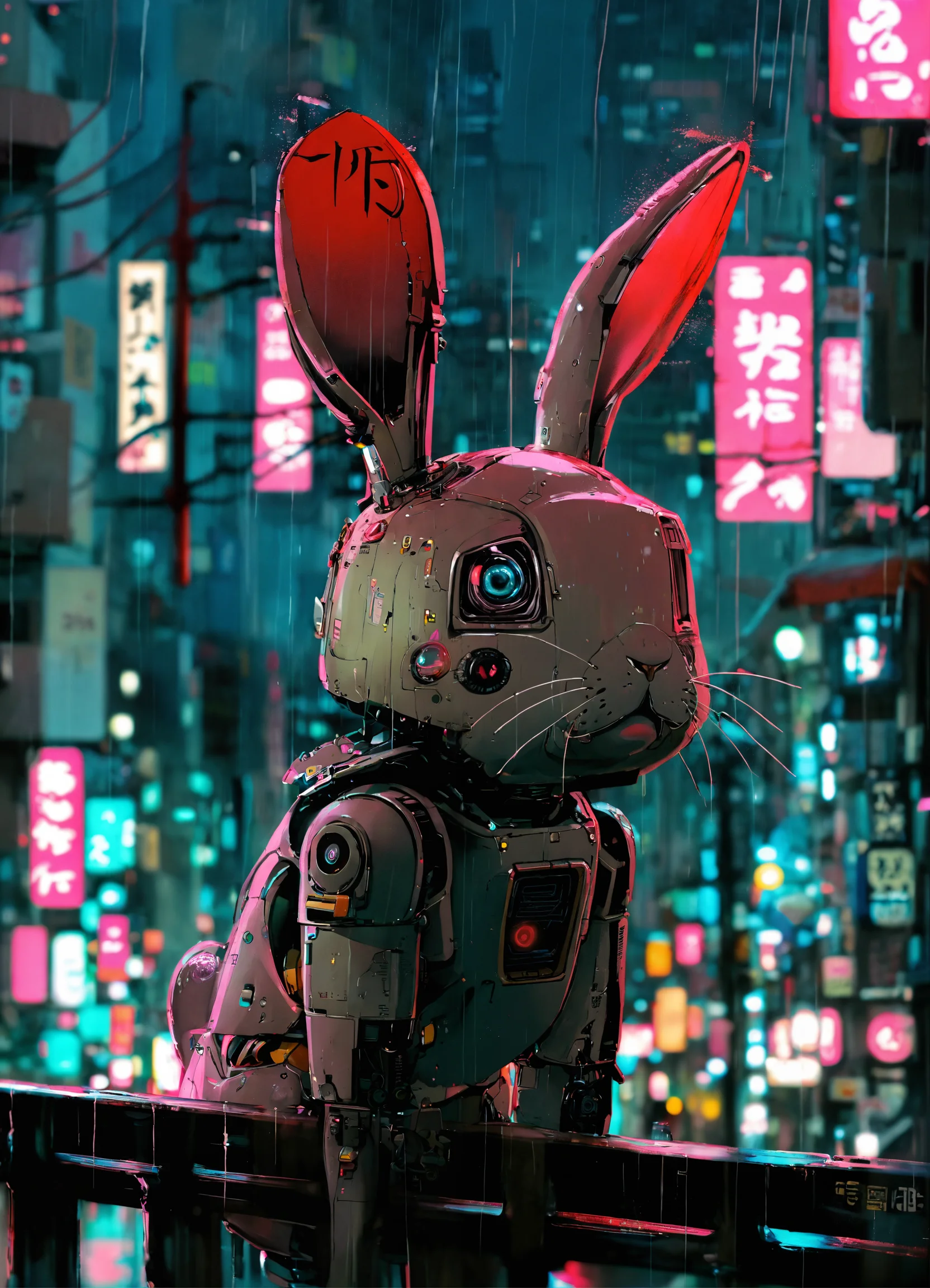 Lexica - Cyberpunk anime ghibli robo rabbit art in rainy city tokyo night