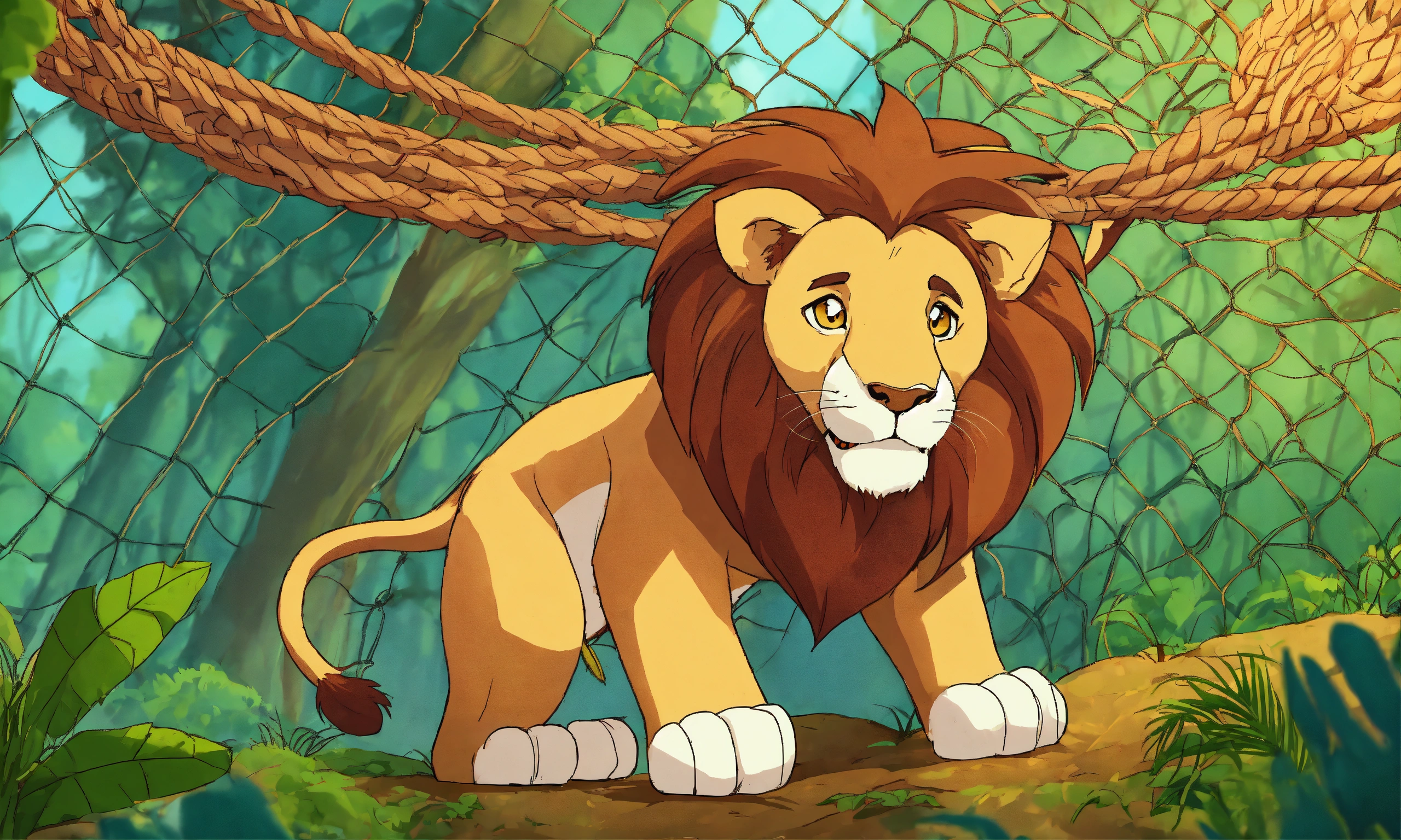 Lexica - Cartoon A big lion gets trapped in a net in the forest and ...