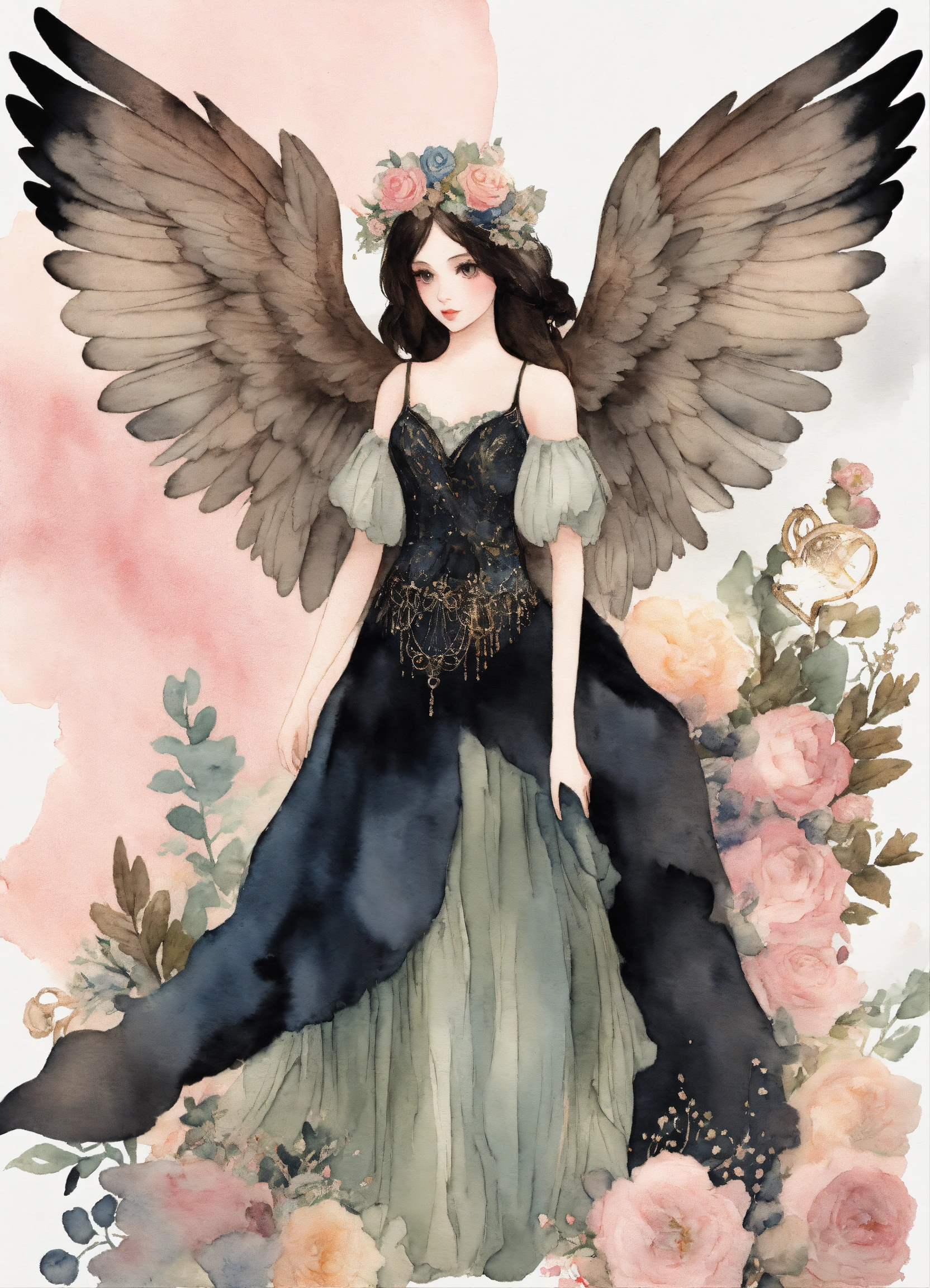 Lexica - Whimsical pale pastel goth black Angel Girl, Watercolor ...