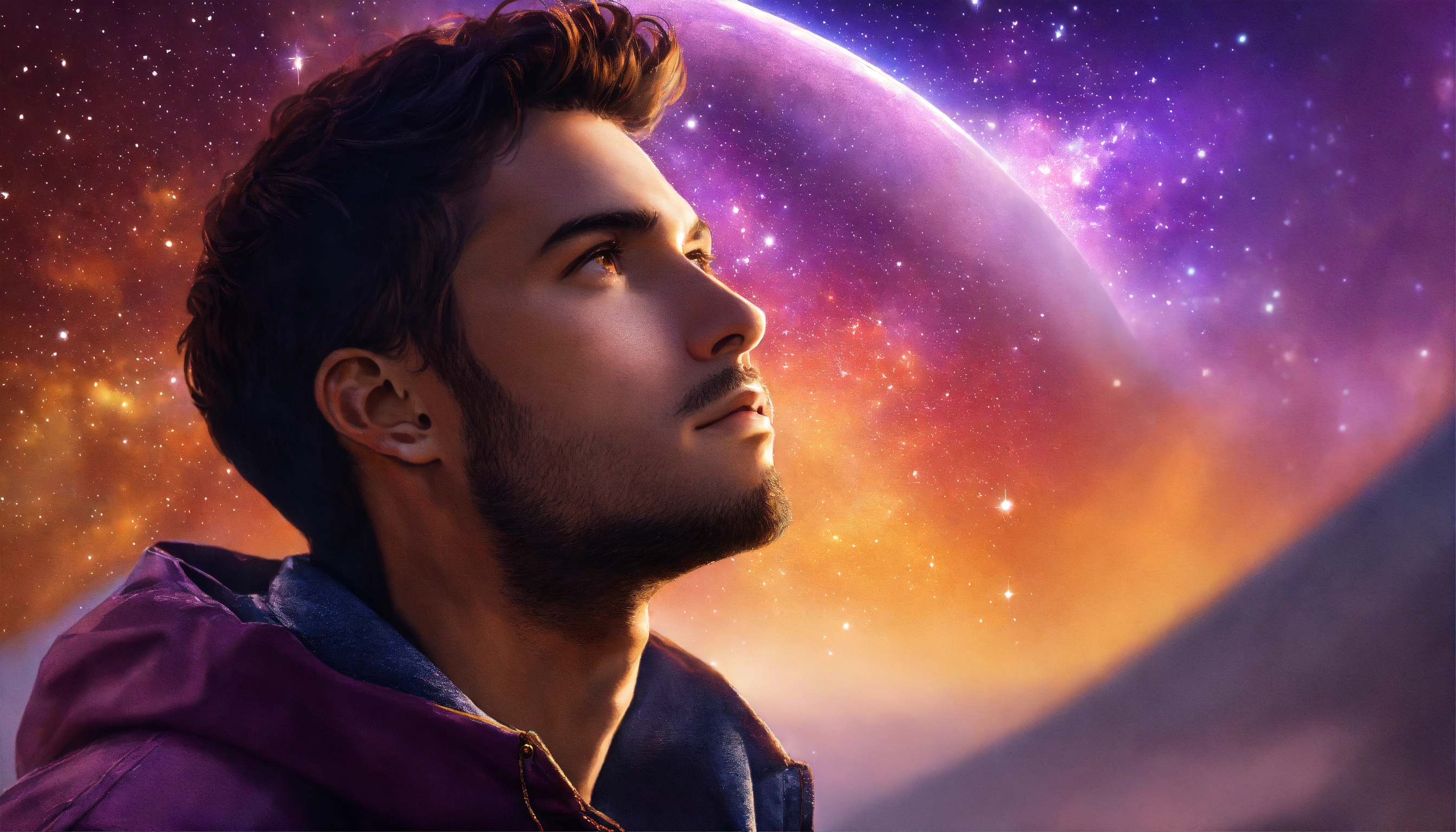 Lexica - Handsome man, looking up at the universe in the background, 4k ...