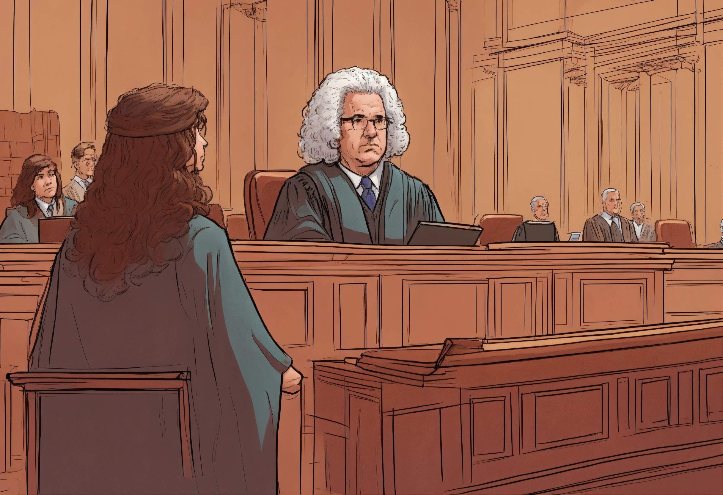 Lexica - Comic drawing of a person in court on trial, judge with a ...