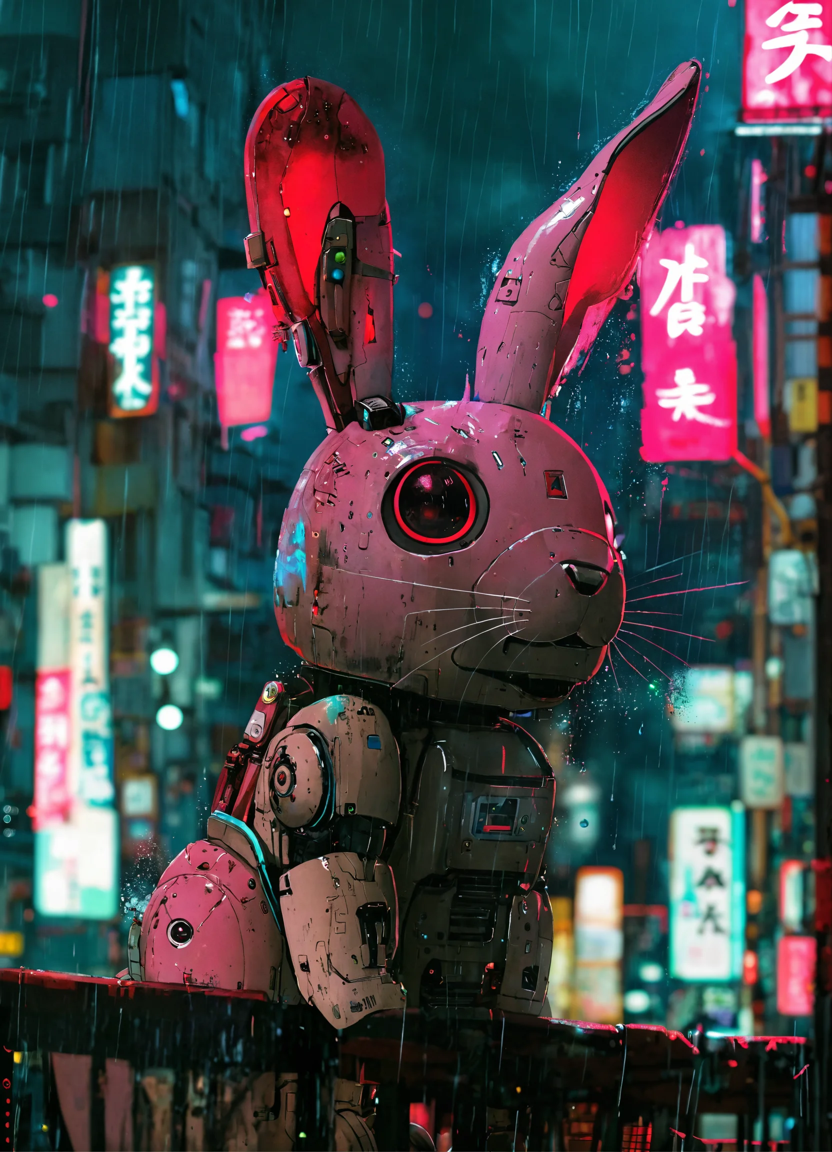 Lexica - Cyberpunk anime ghibli robo rabbit art in rainy city tokyo night