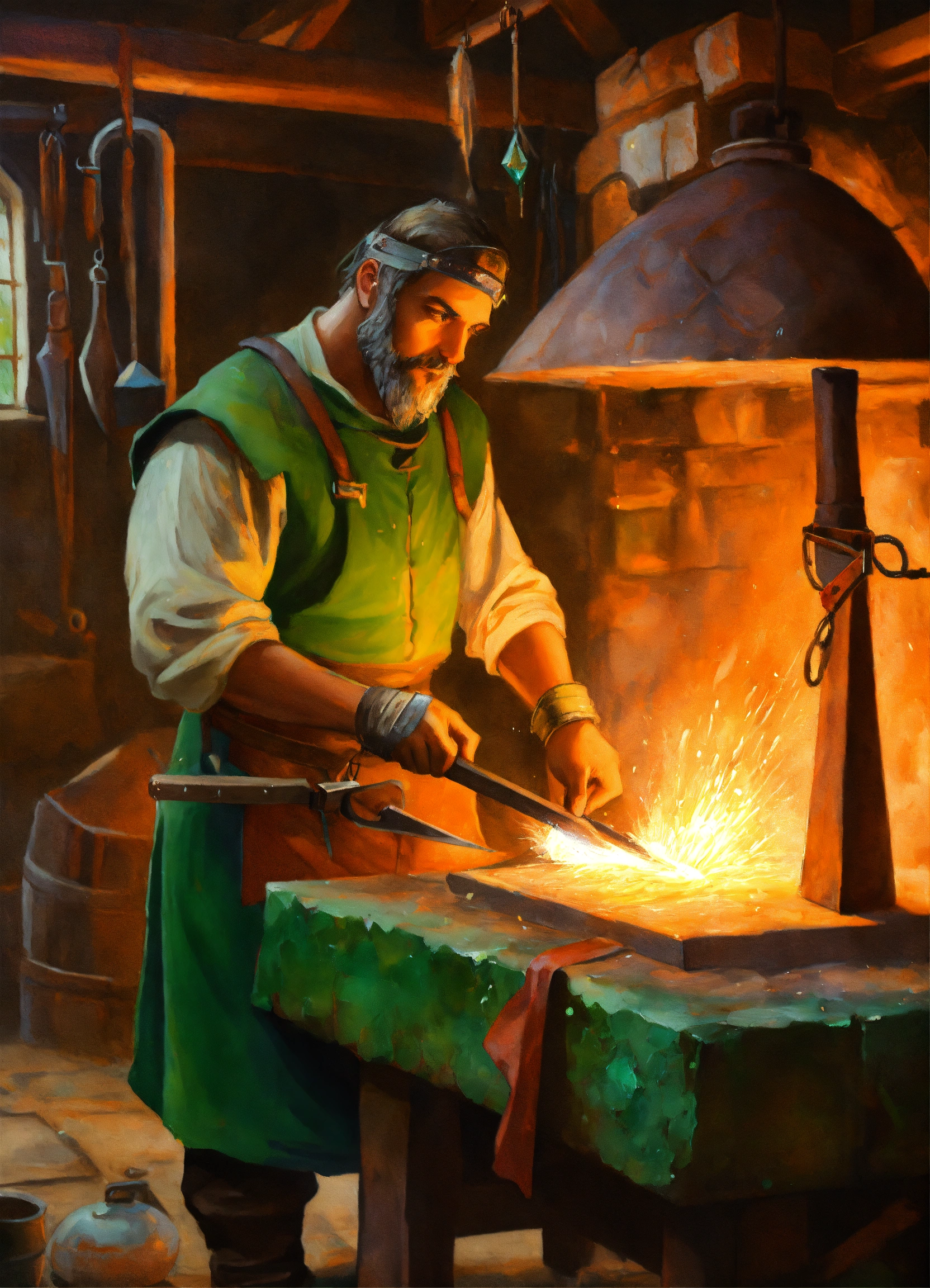 Lexica - Fantasy painting of Medieval Blacksmith, forging a green ...