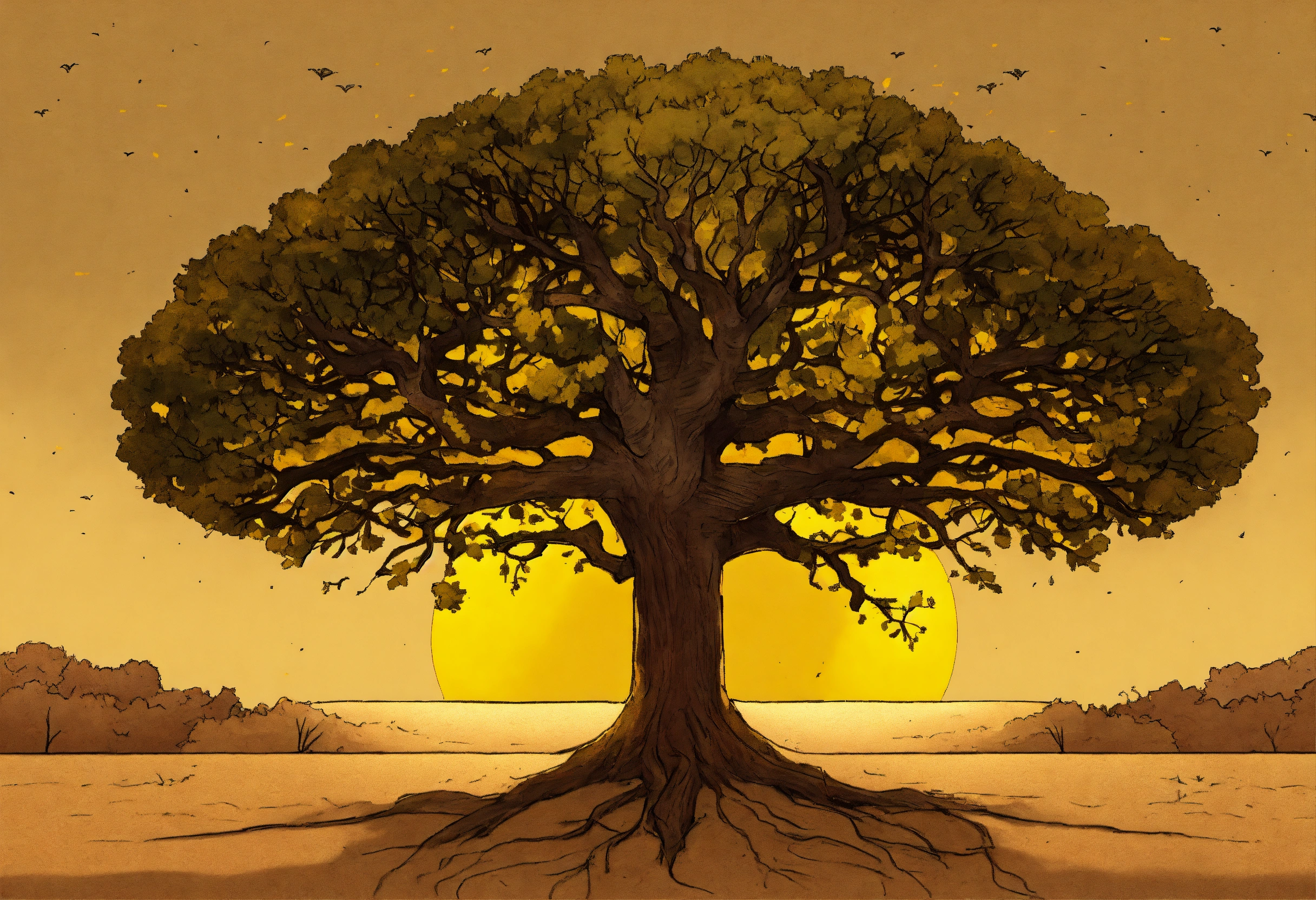 Lexica - Visual diagram of an oak tree with a dark yellow sun behind it ...