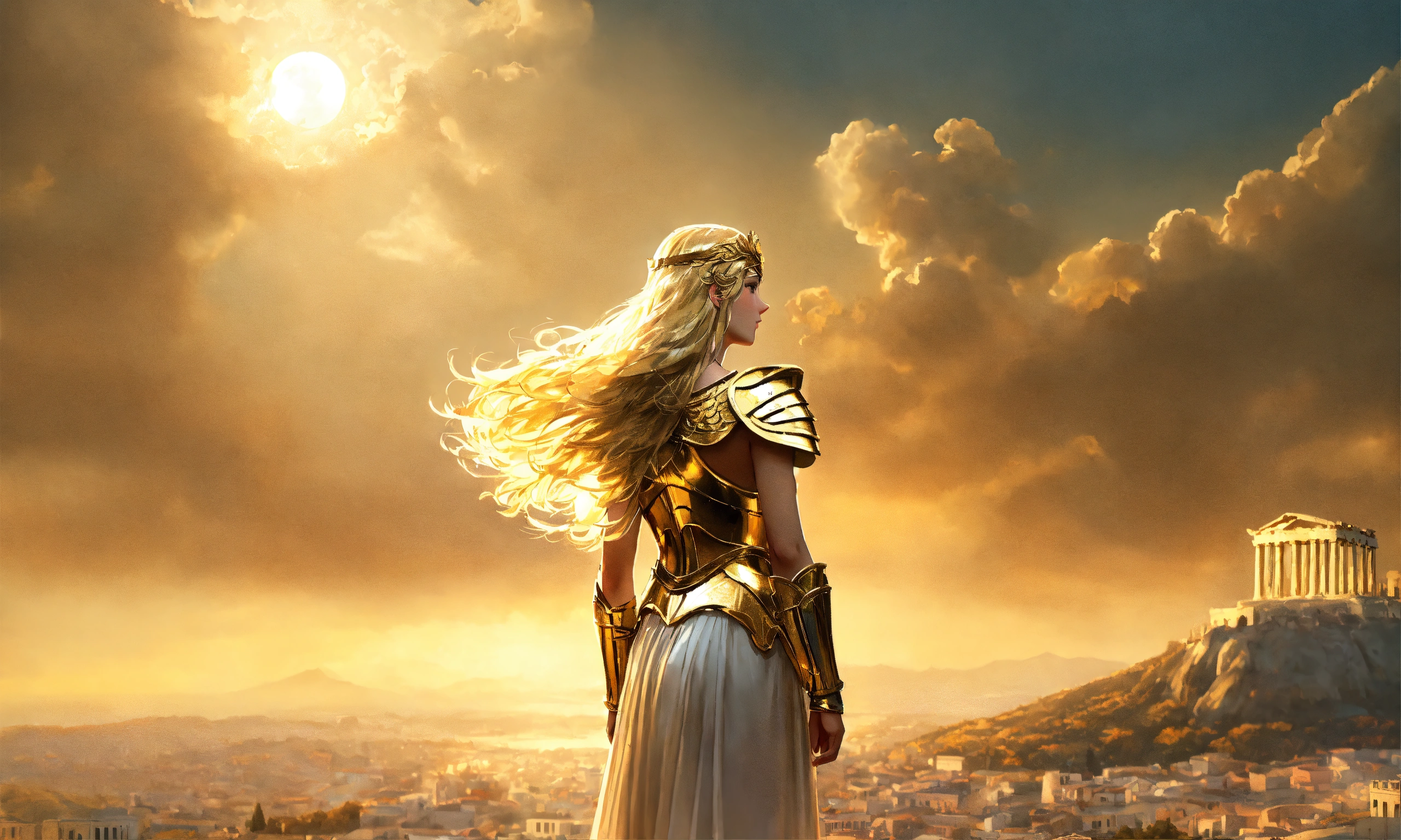 Lexica - Greek goddess Athena with blonde hair, gold armor, from behind ...
