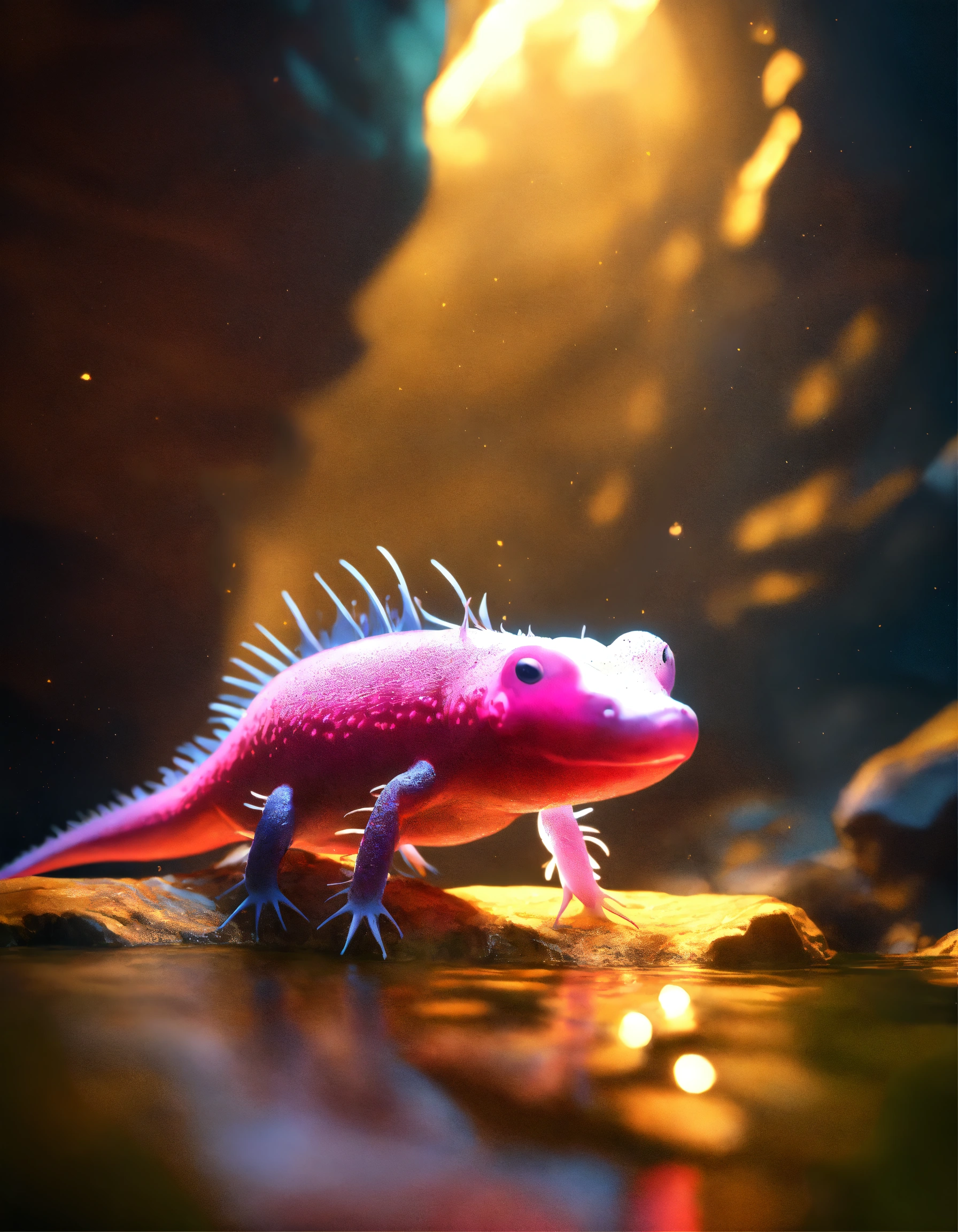 Lexica - Axolotls in a pool of water in a cave illuminated by a flash ...