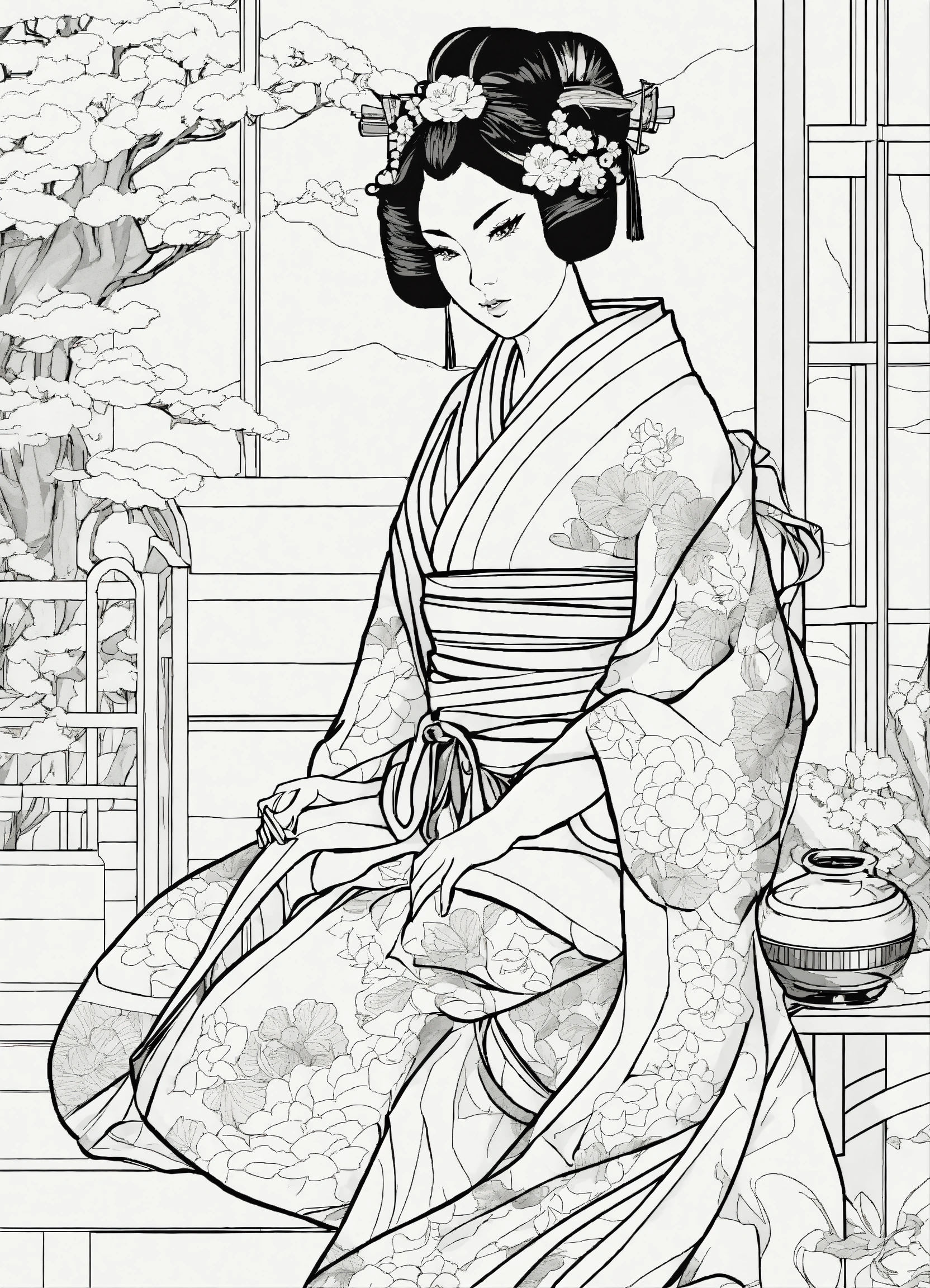 Lexica - Adult Coloring Book Page of a Geisha pin-up, Line Art, Black ...