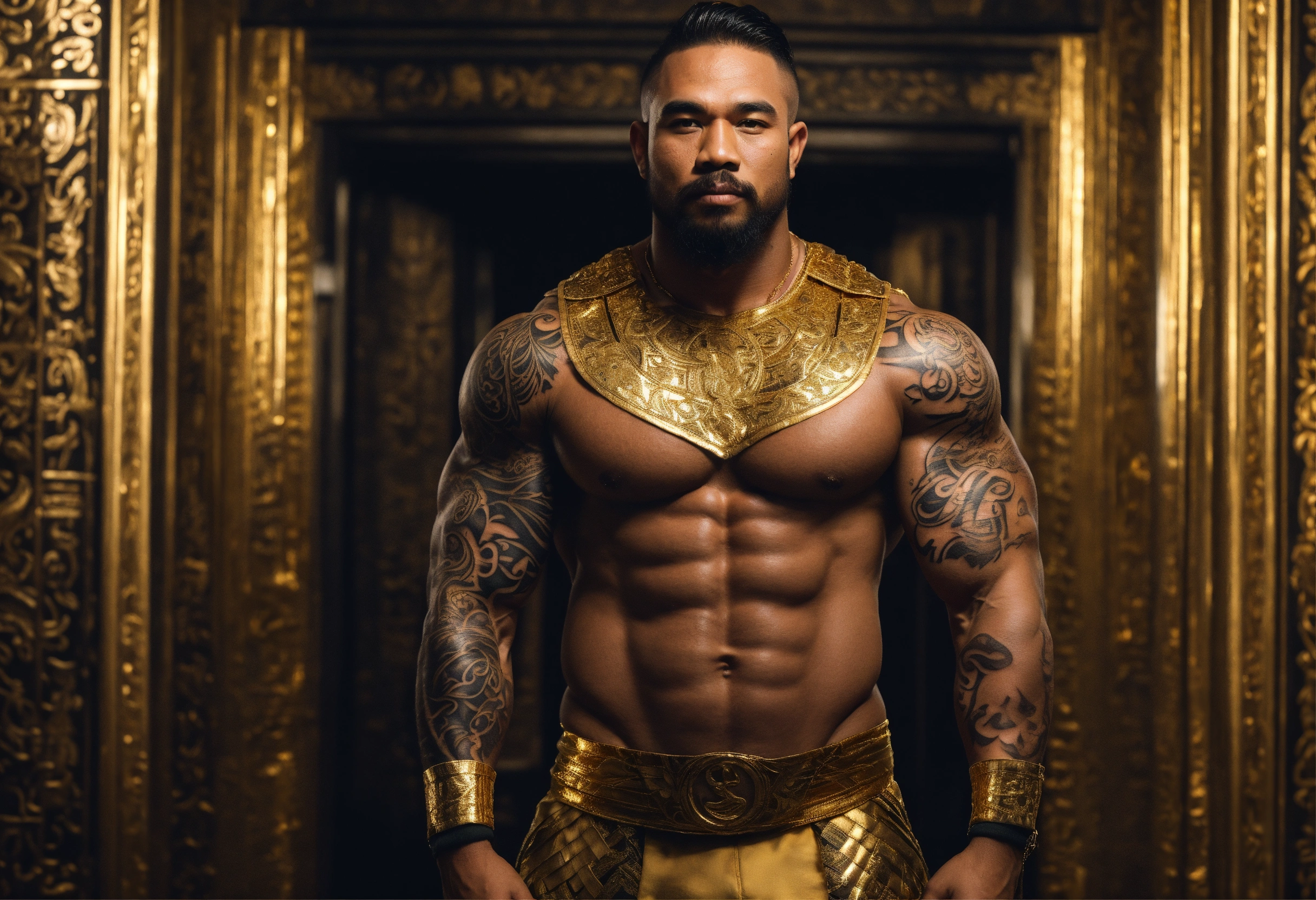 Lexica - A full shot of a handsome bodybuilder Samoan warrior dressed ...