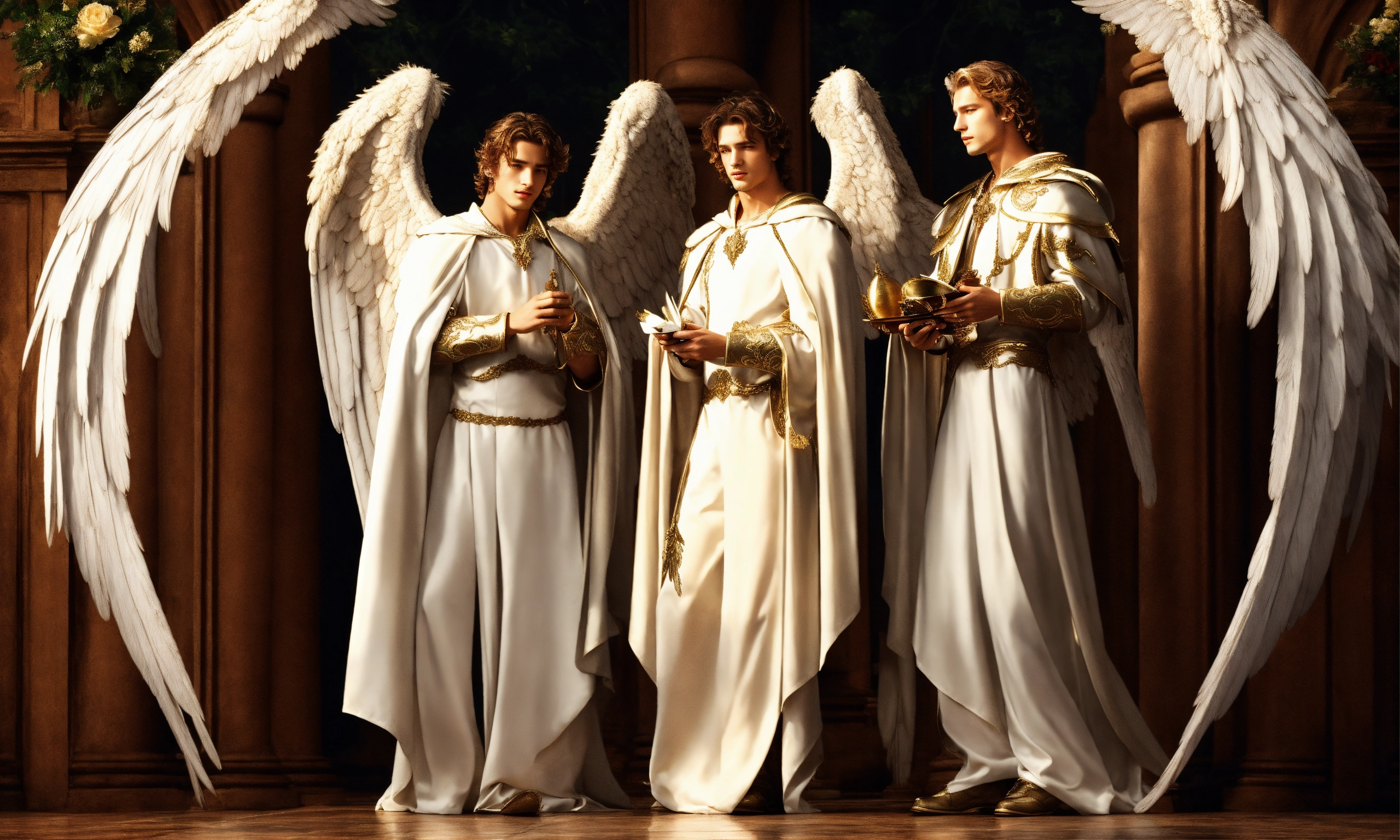 Lexica - Three male archangels with beautiful wings and white clothes