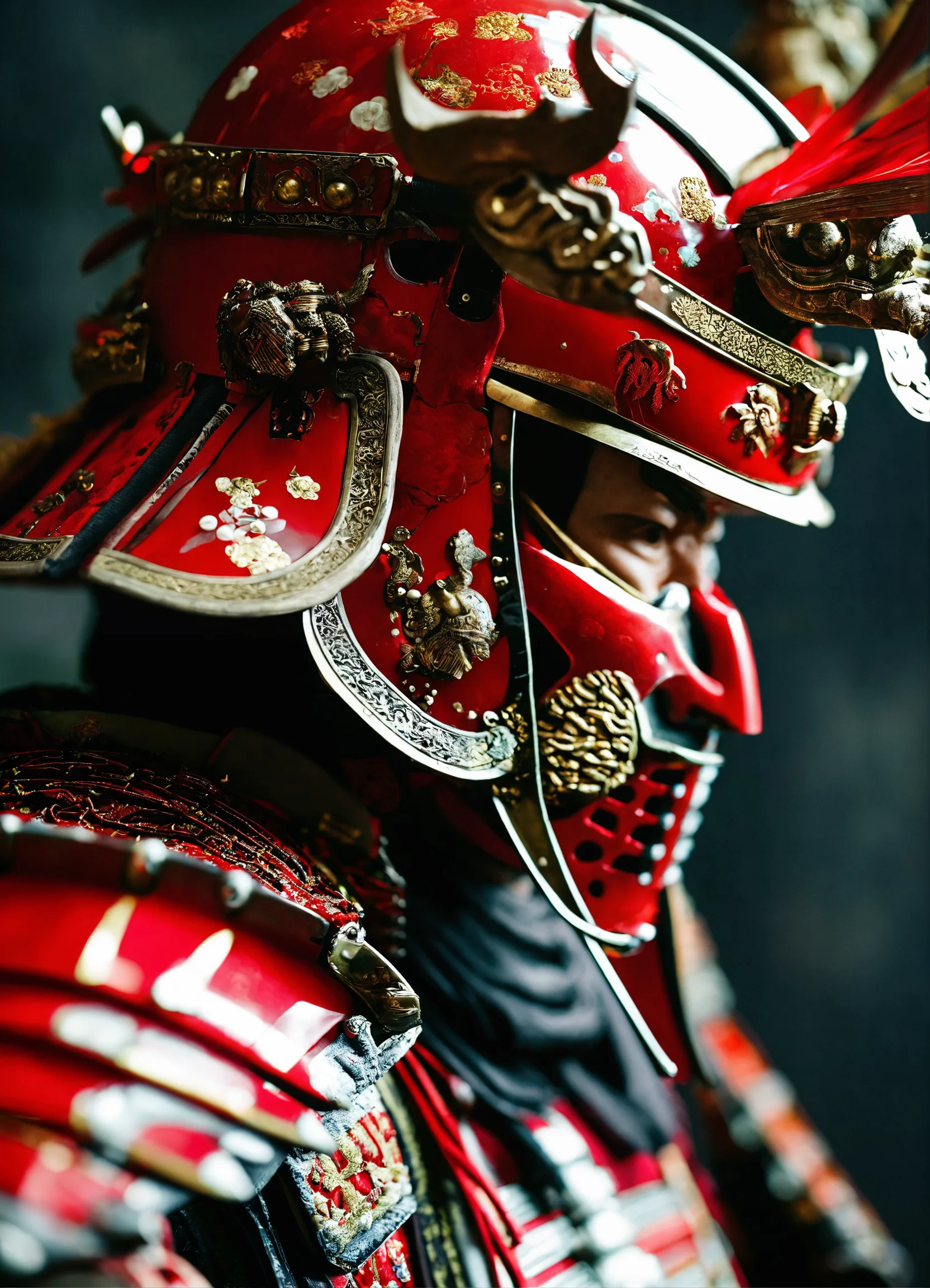 Lexica - A close up shot of Hiroyuki Sanada wearing a full red samurai ...