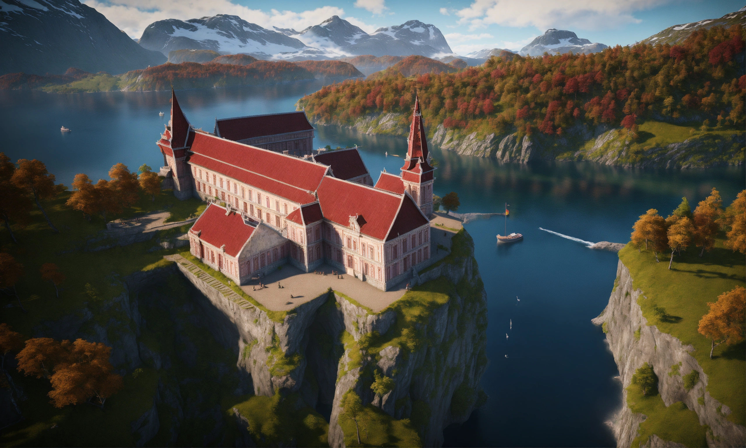 Lexica - Full image of a massive royal palace with a maroon roof on a cliff overlooking a Fjord ...