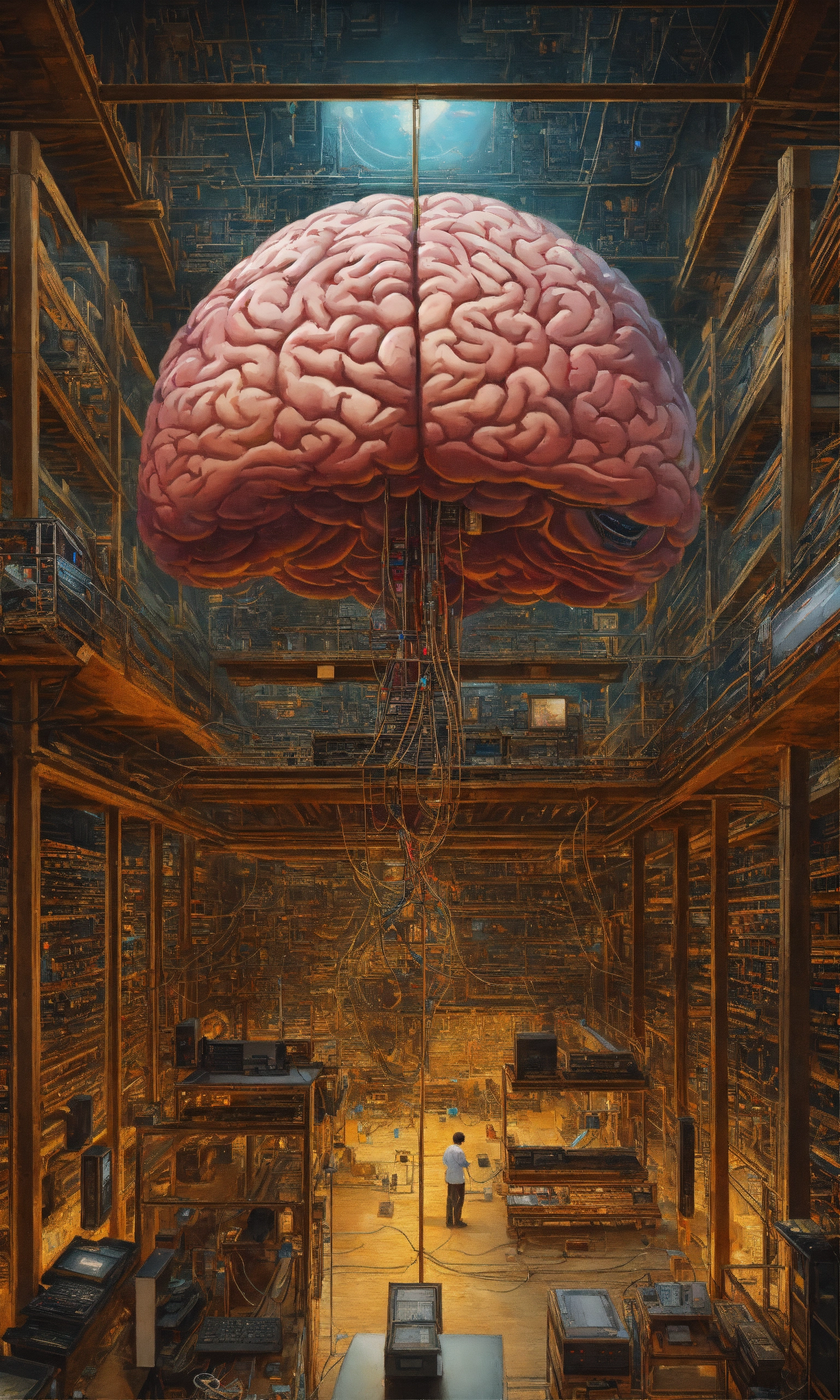 Lexica - In the center of the room, a colossal human brain is ...