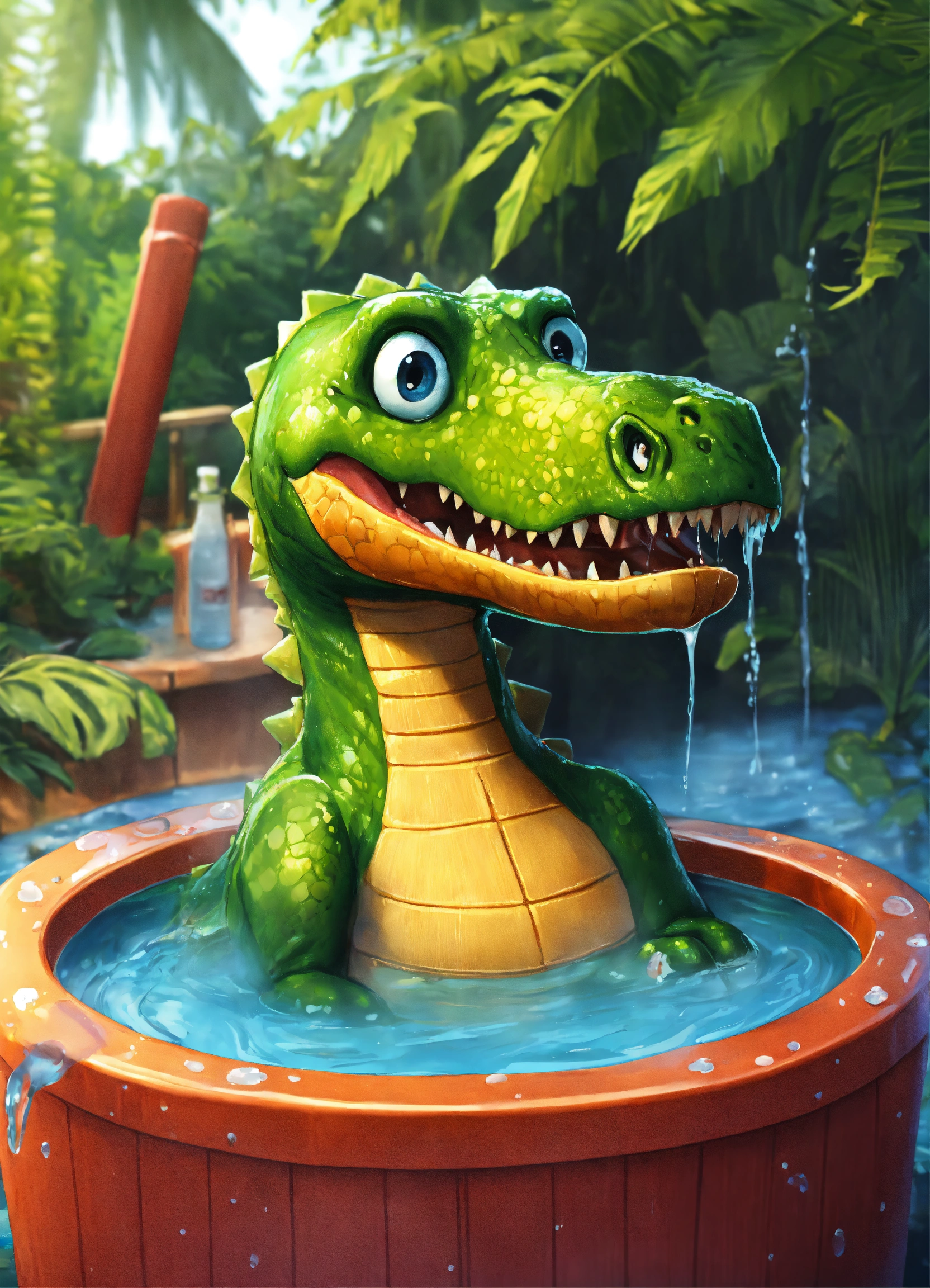 Lexica - Dinosaur sweating sitting in a hottub