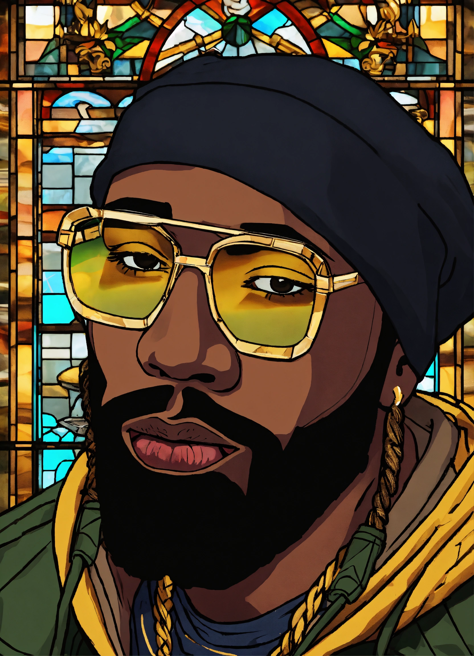 Lexica - HD, 4K, Background is a stained glass with images in the ...