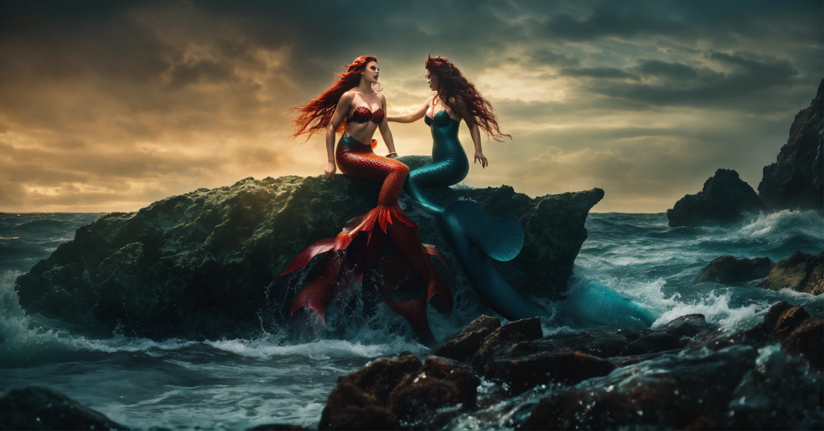 Lexica - Create a 4k detailed photo of two evil (mermaids) fighting each other. dramatic ...