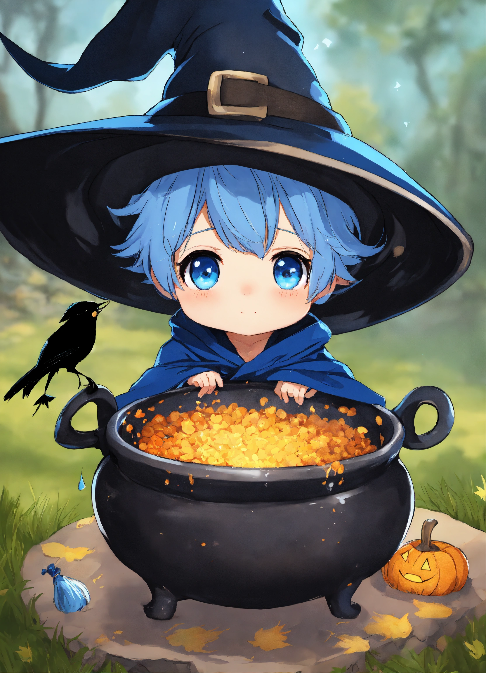 Lexica - Cute anime baby boy in cauldron black and blue clothing witch hat