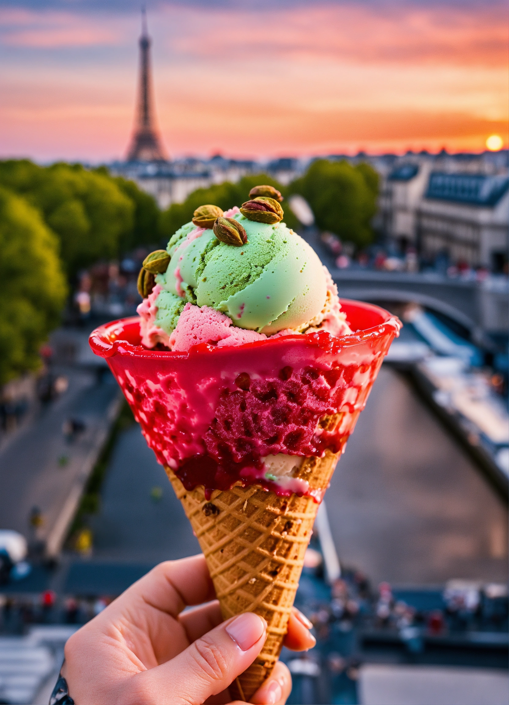 Lexica - Gorgeous artisanal pistachio strawbery ice cream cornet in ...