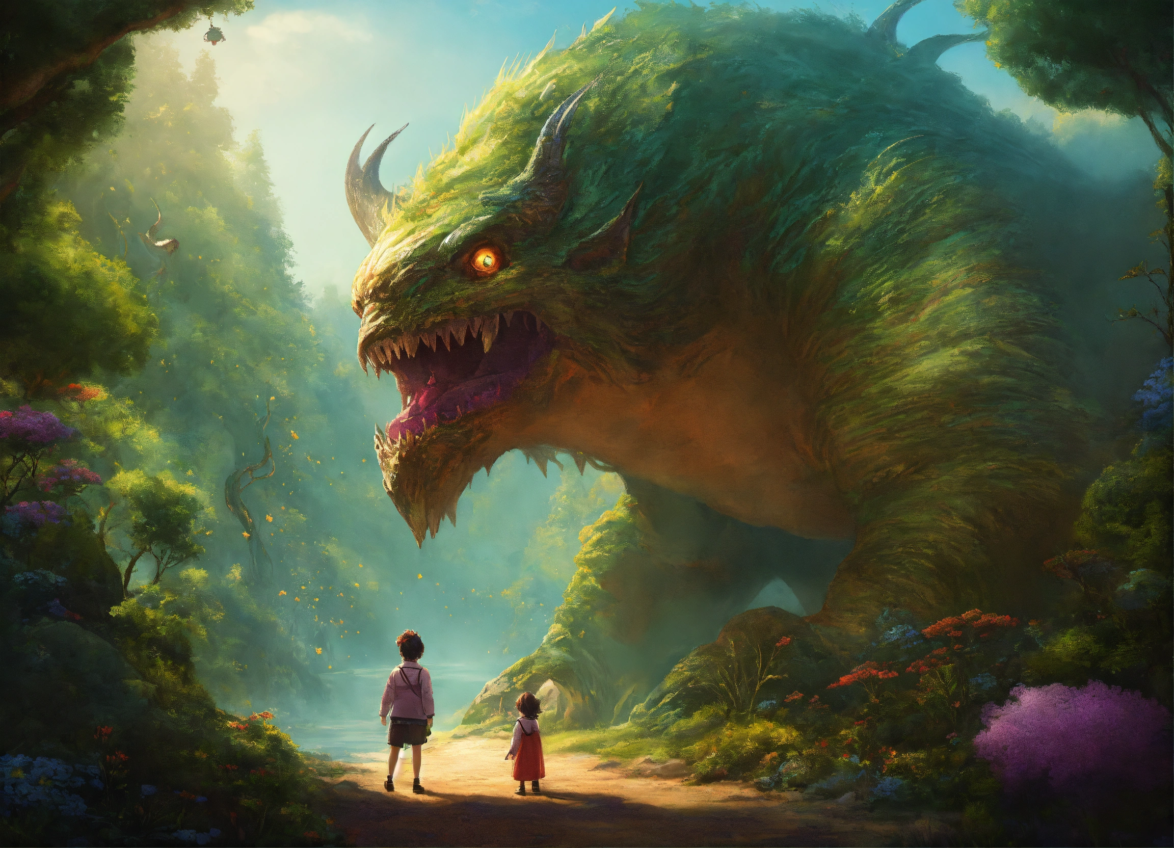 Lexica - Paysage de fantasy avec une créature monstrueuse qui rencontre ...