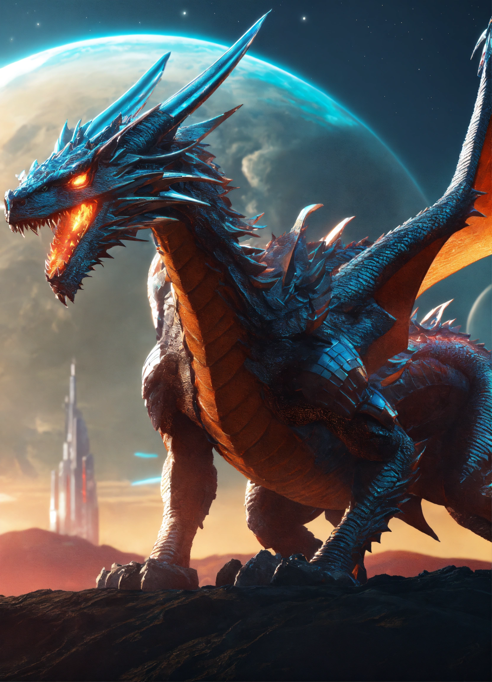 Lexica - Sci-fi back and chrome dragon standing on a highly advance ...