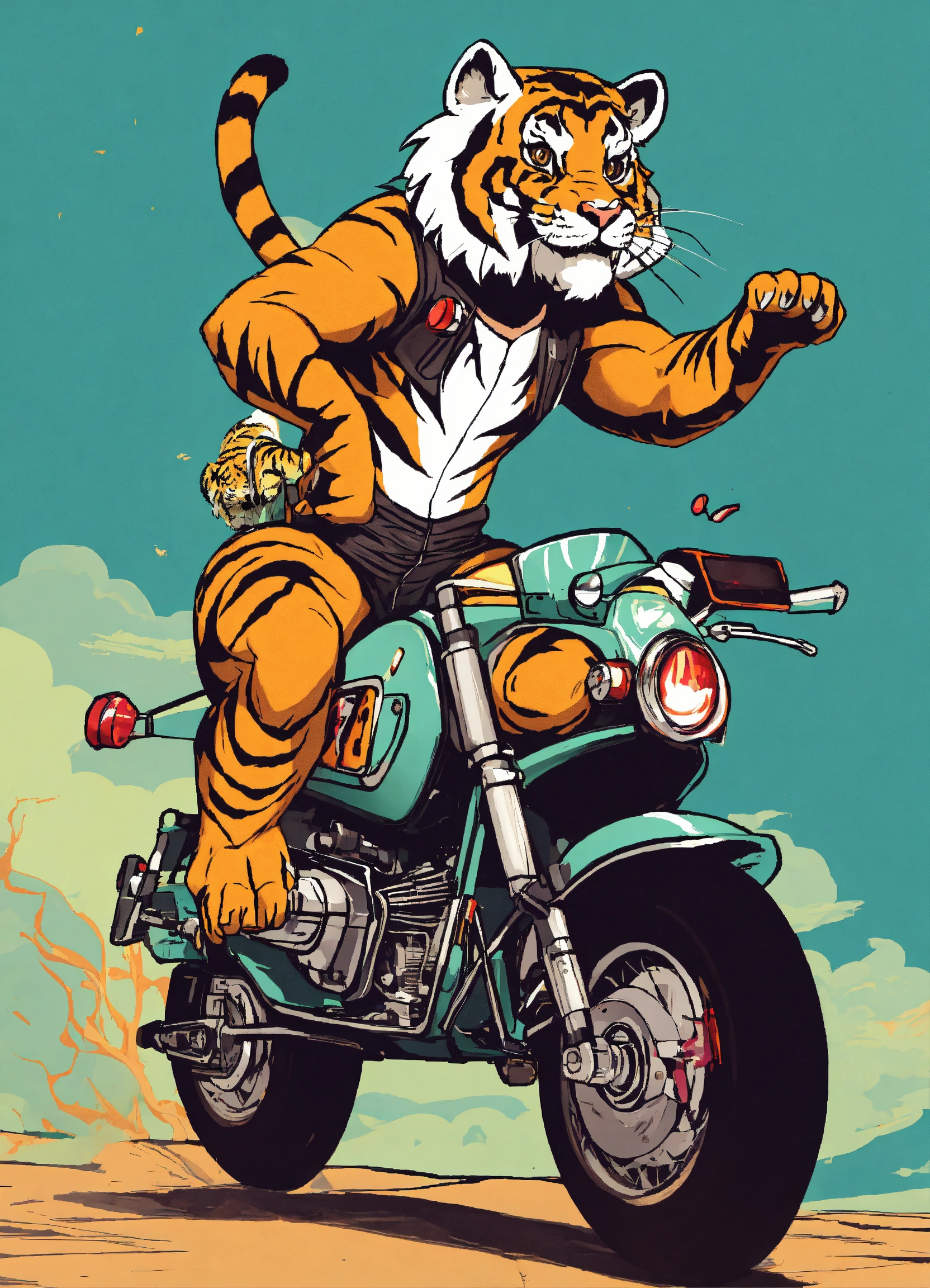 Lexica - Crazy tiger, on one wheel, motorcycle, dancing, cartoon