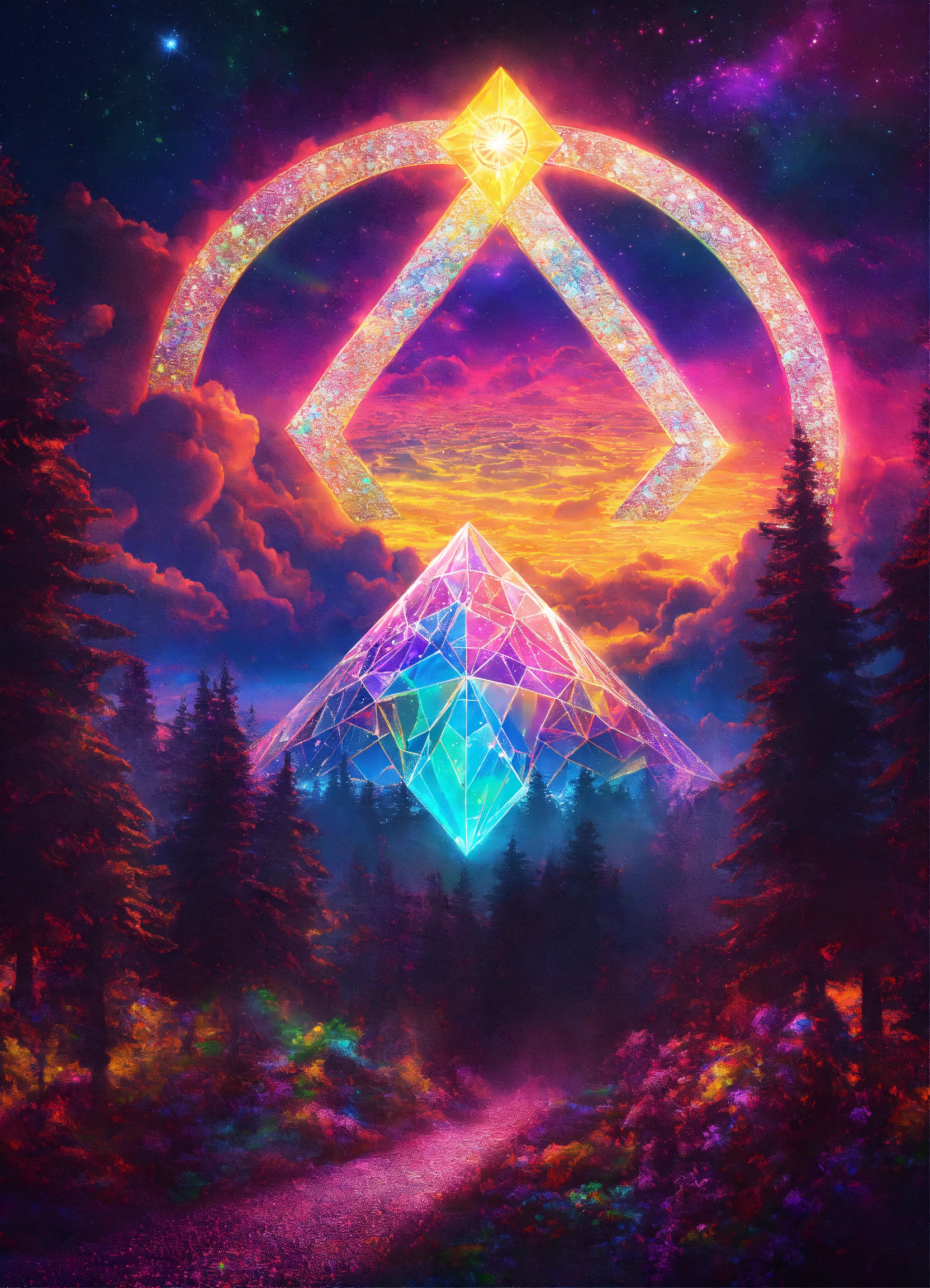 Lexica - Sun flying made of diamonds and glitter black rainbow neon ...