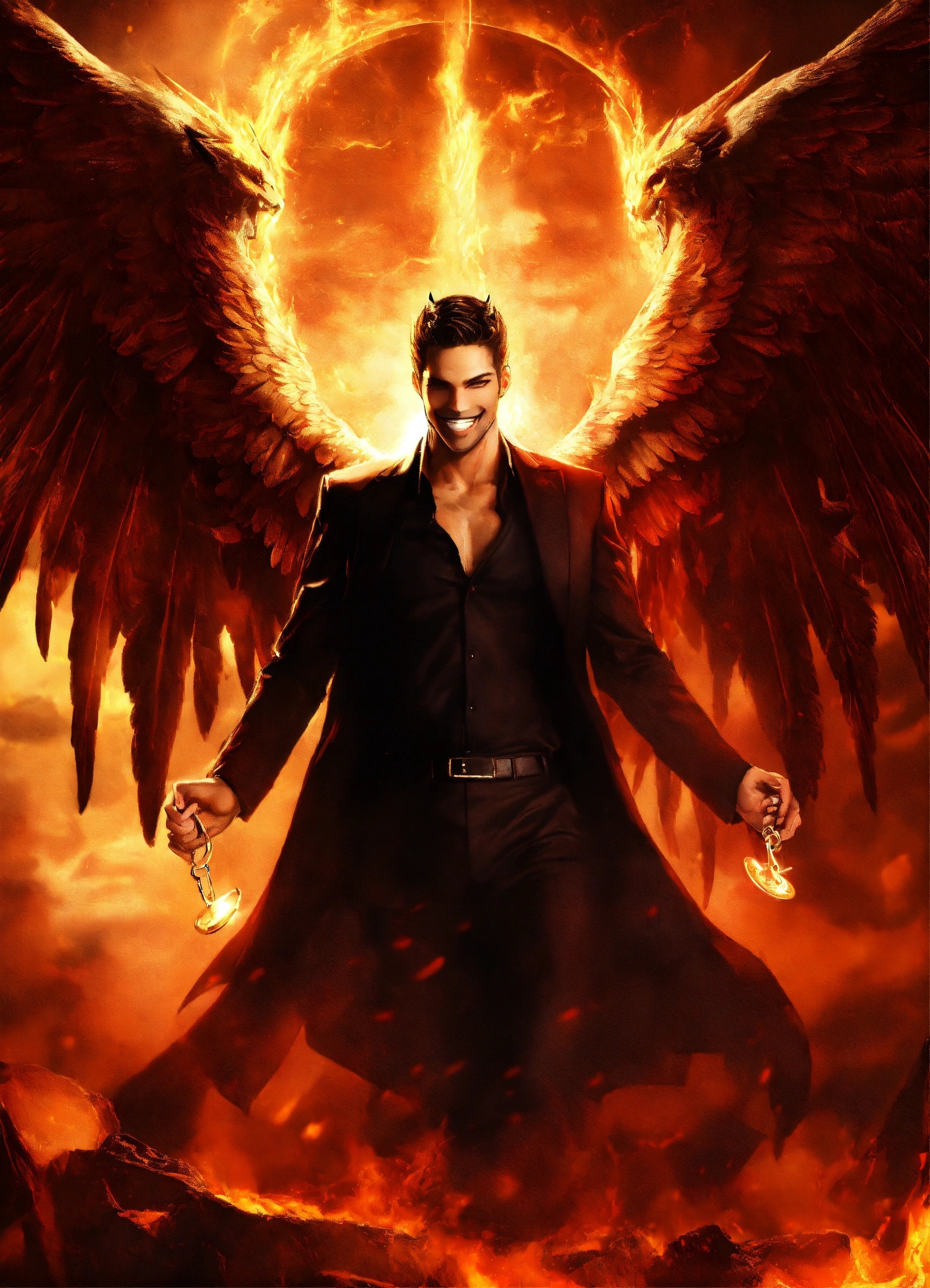 Lexica - Lucifer as an angel, evil grin, evil smile, full scene