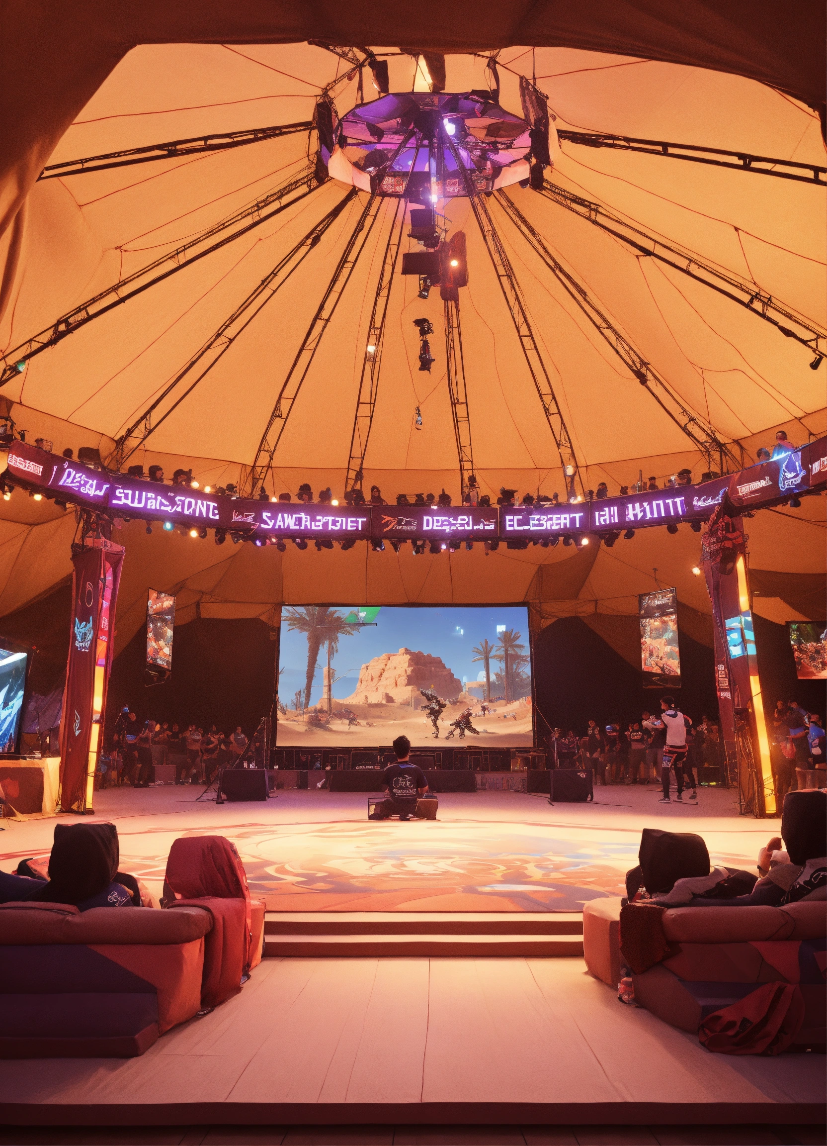 Lexica - Generate an image of a small esports venue's desert tent style ...