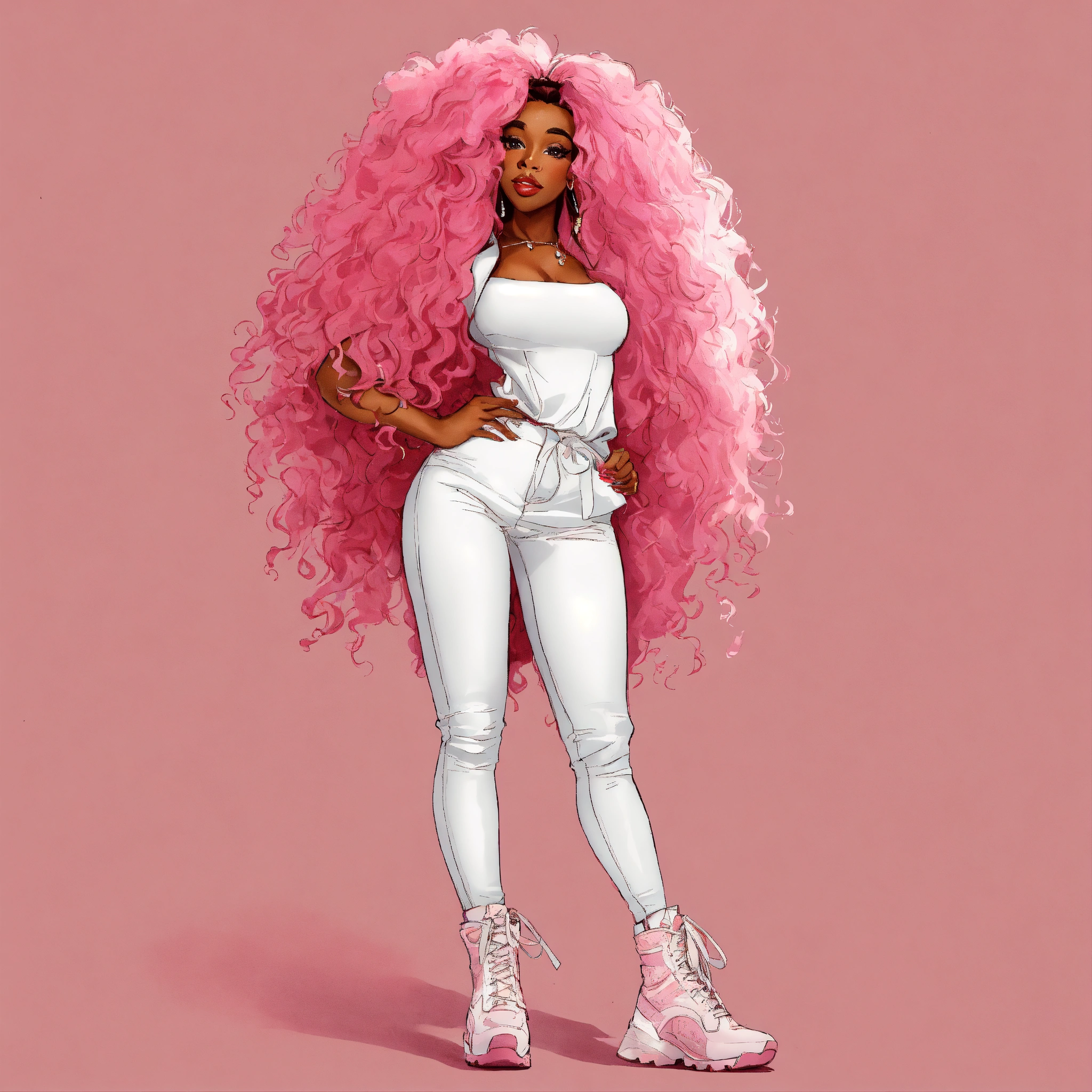 Lexica - Full body image of caricature of SZA dressed in white and pink ...