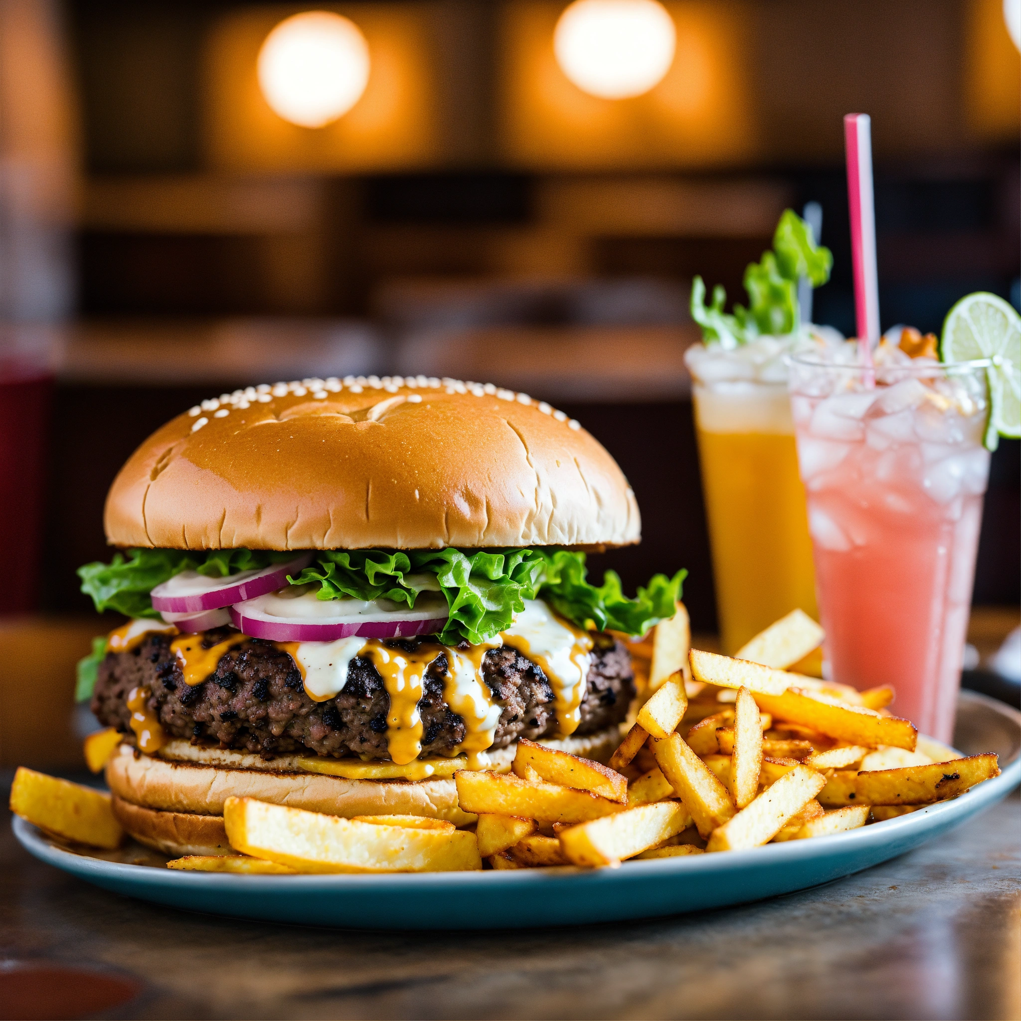 Lexica - A photo of a takeout meal. The meal is a burger with fries and ...