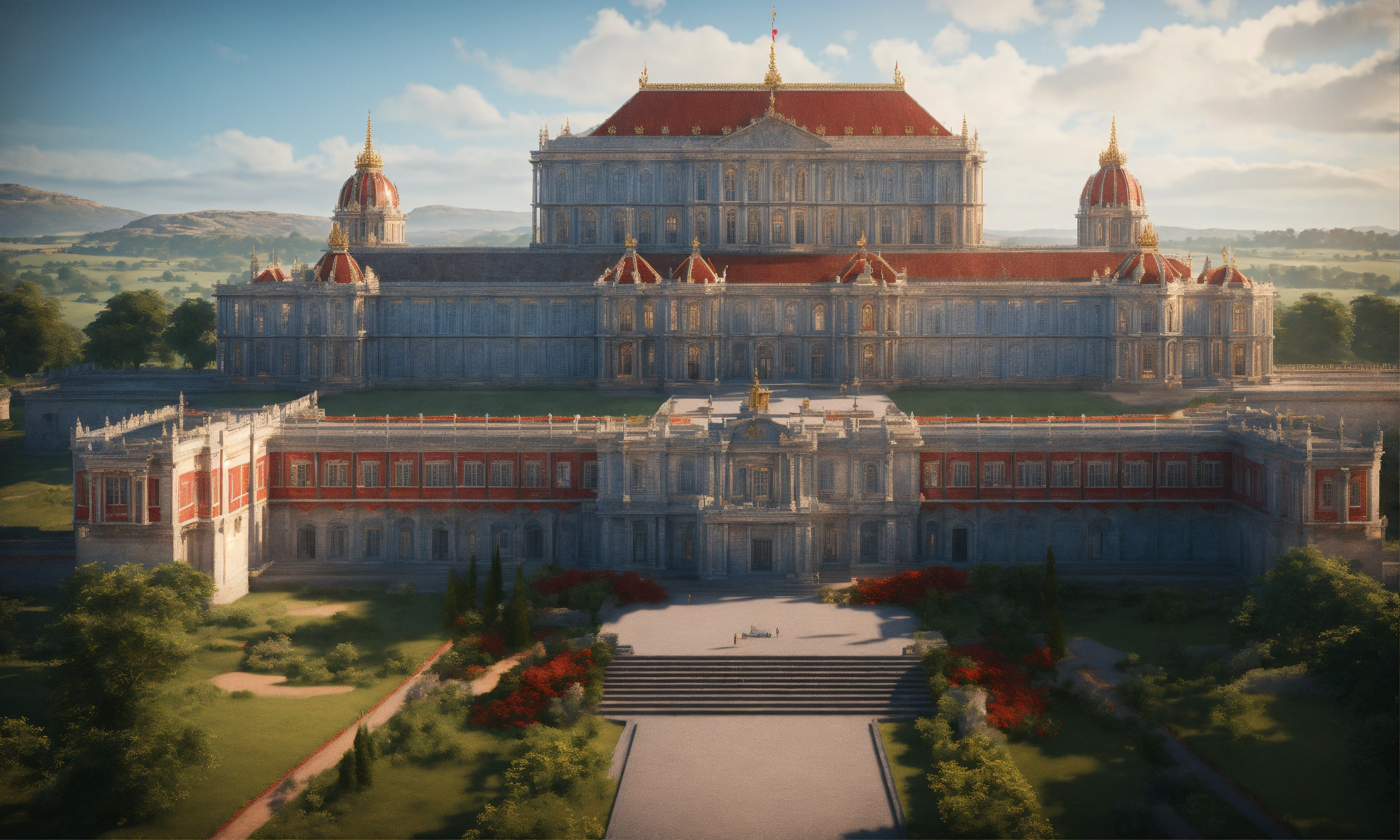 Lexica - Full image of a massive royal palace with light blue and red ...