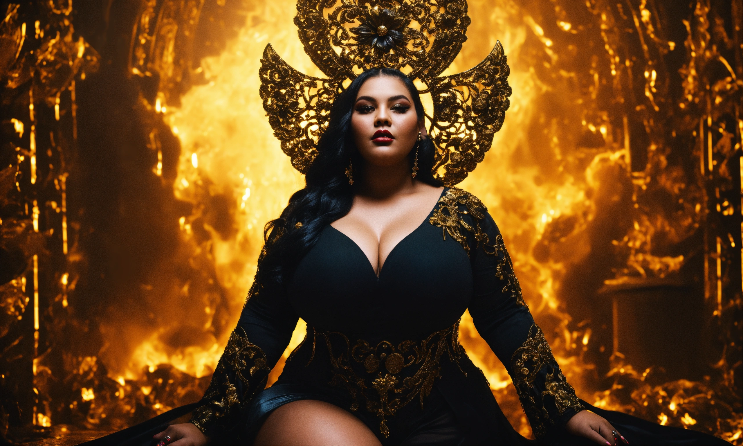 Lexica - Plus-size model hell goddess, black gold background