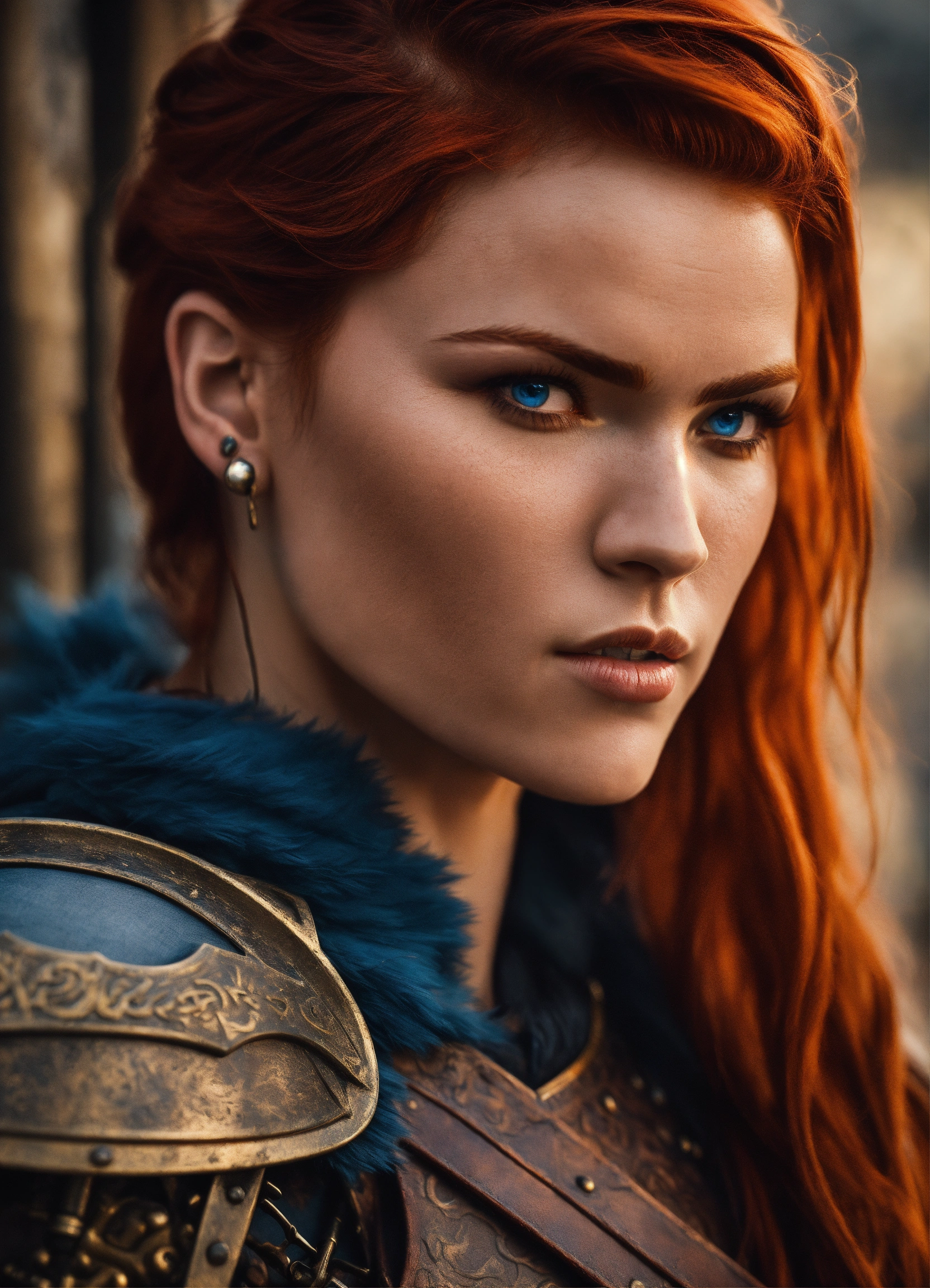 Lexica - A strong masculine woman with rugged features, red hair, blue ...