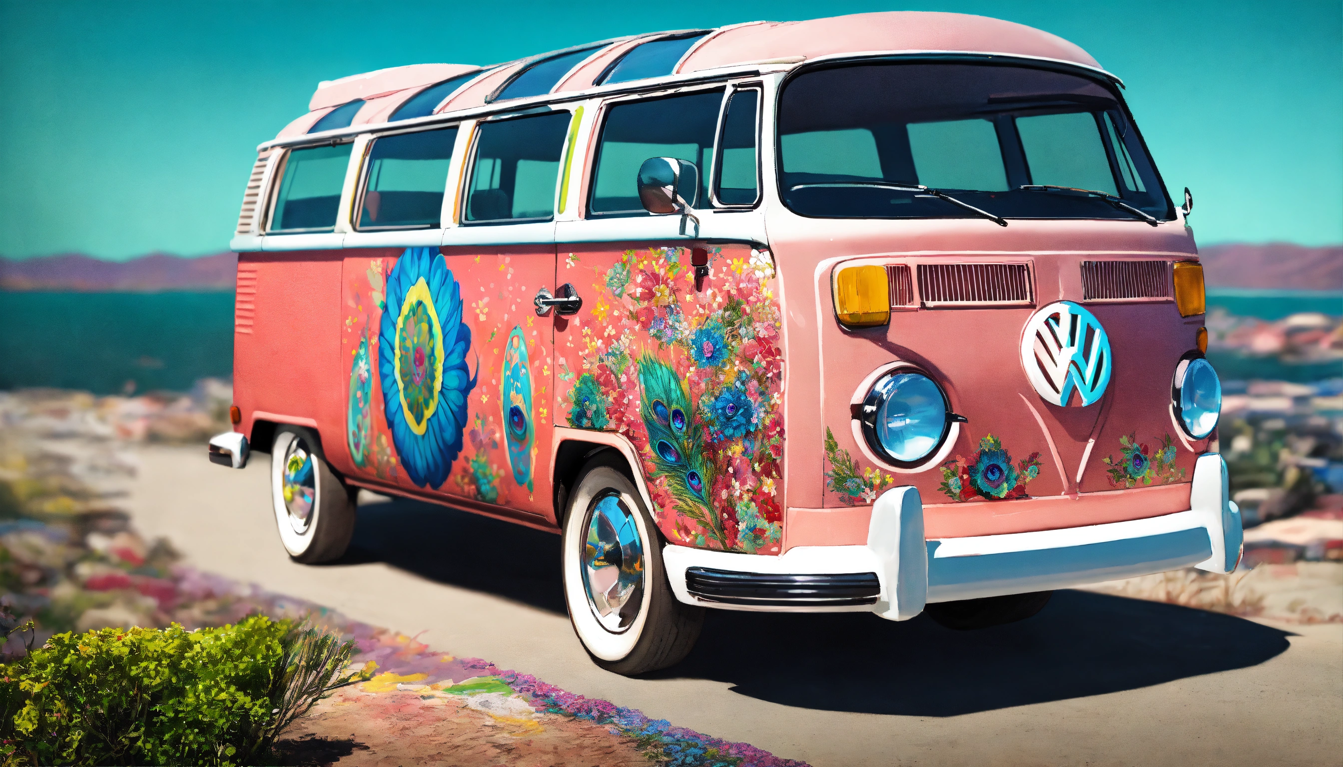 Lexica - Concept art of coral pink Volkswagen bus, paint on side of bus ...