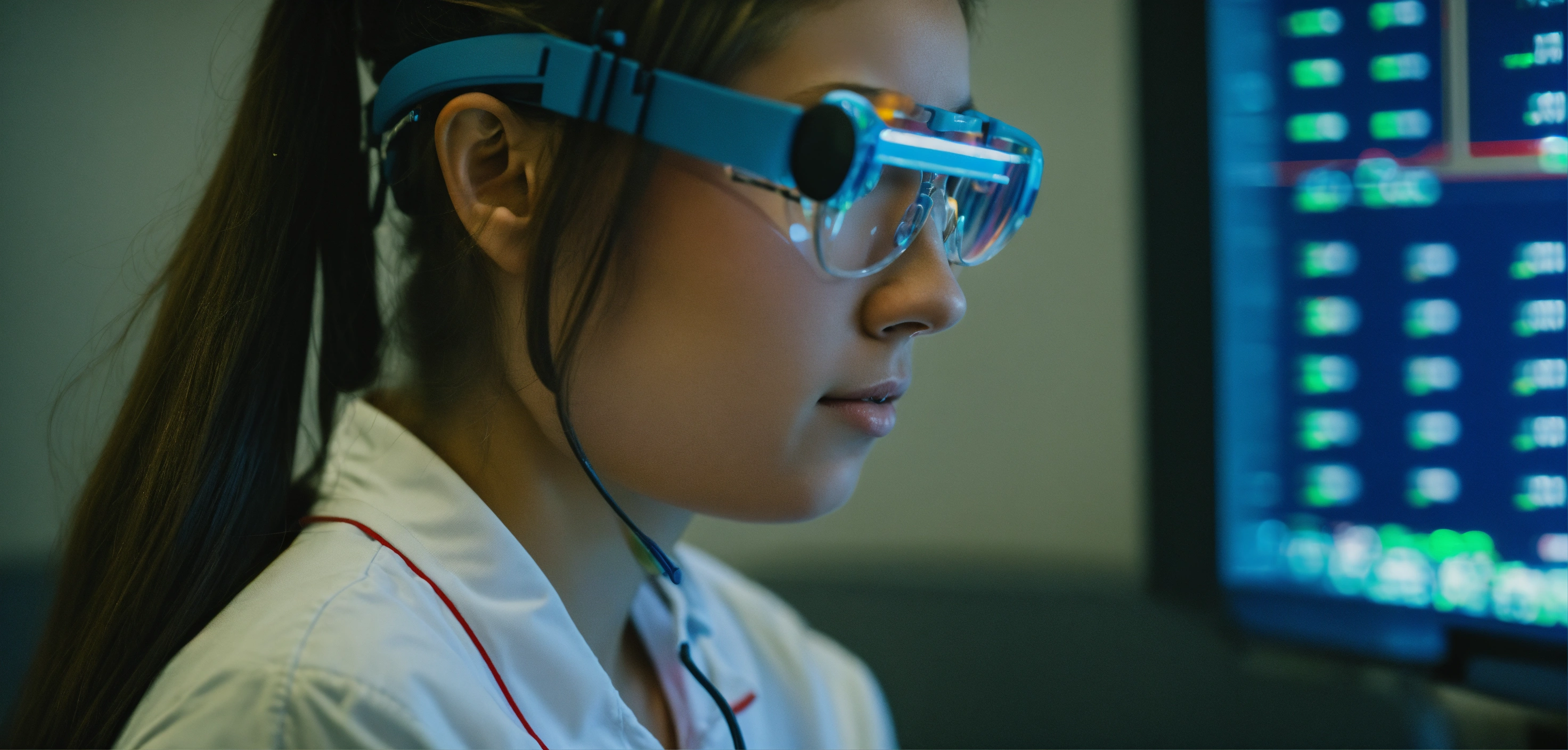 Lexica - Electronic engineer girl wearing clear glasses on her face, side shot